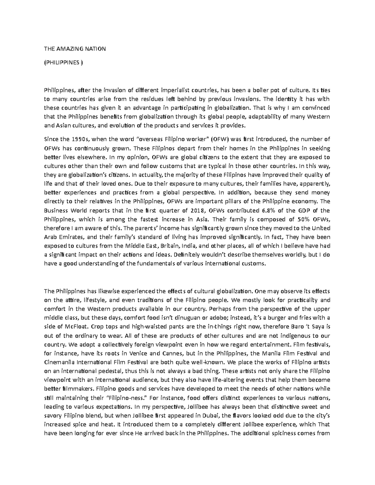 Amazing Nation Argumentative Essay - THE AMAZING NATION (PHILIPPINES ...