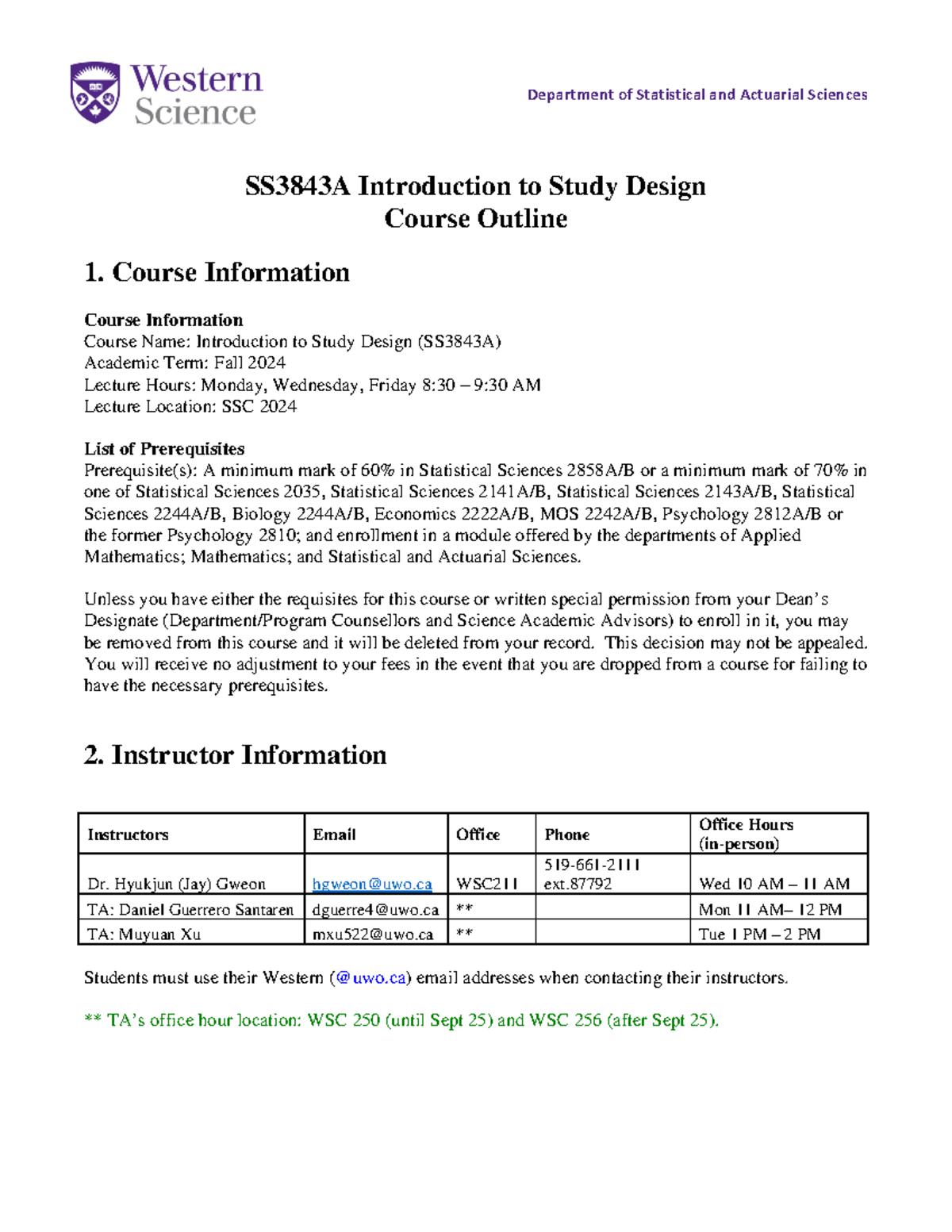 SS3843A course outline - Department of Statistical and Actuarial ...