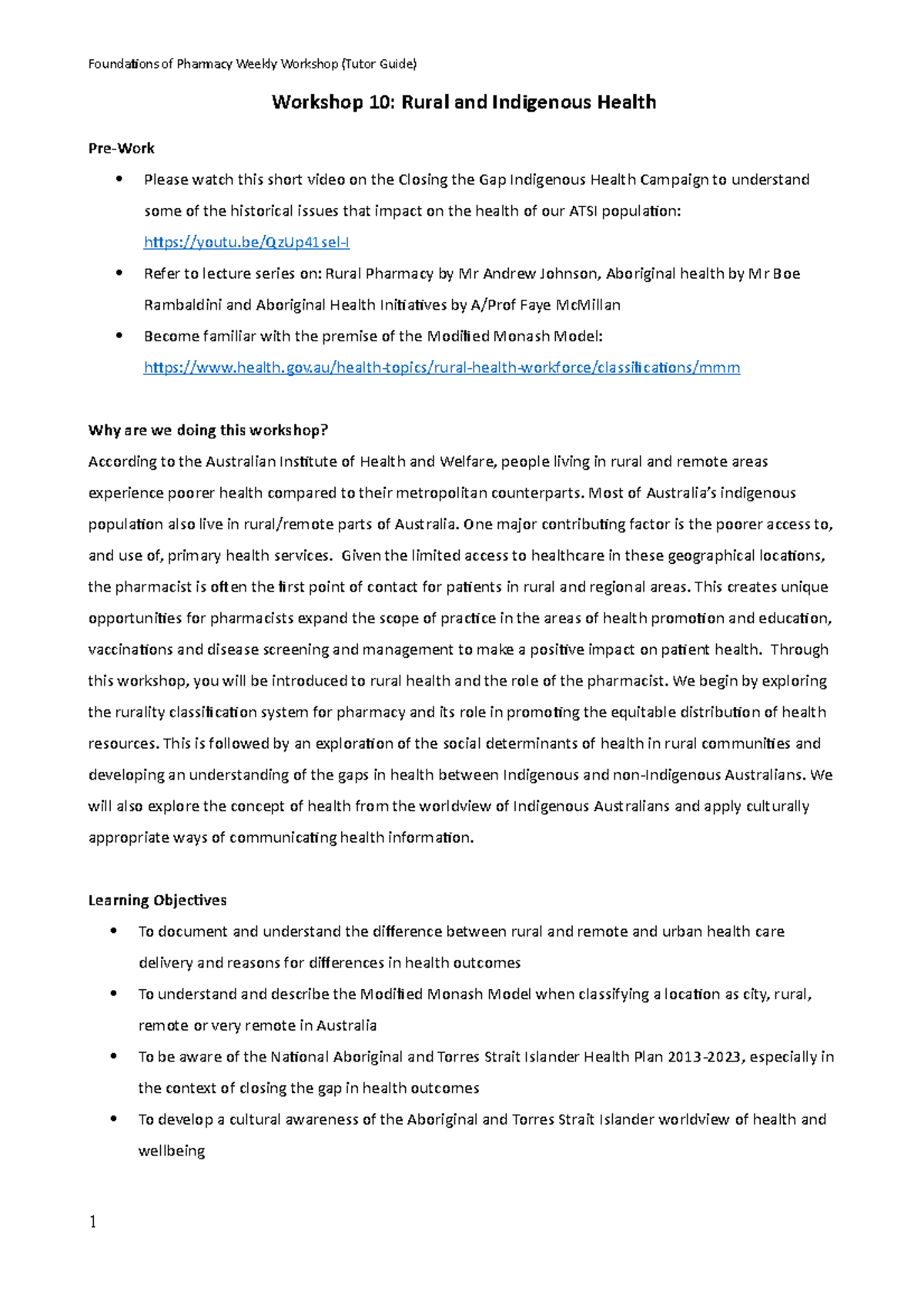 Workshop 10 Rural & Indigenous Health students - Workshop 10: Rural and ...