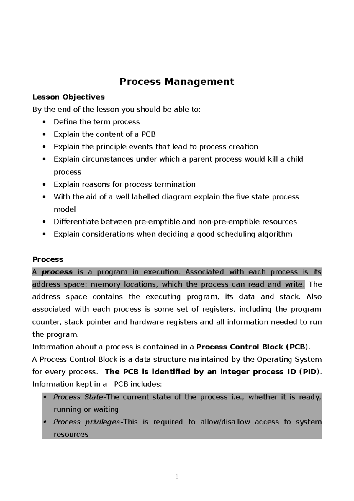 WEEK 3 Process Management - Process Management Lesson Objectives By the end of the lesson you ...