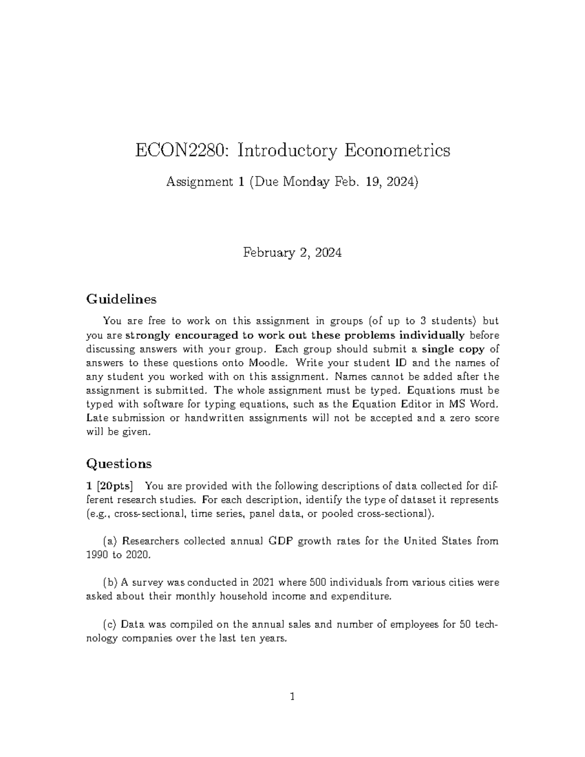 Assignment - Past Paper from 2020 - ECON2280: Introductory Econometrics Assignment 1 (Due Monday ...