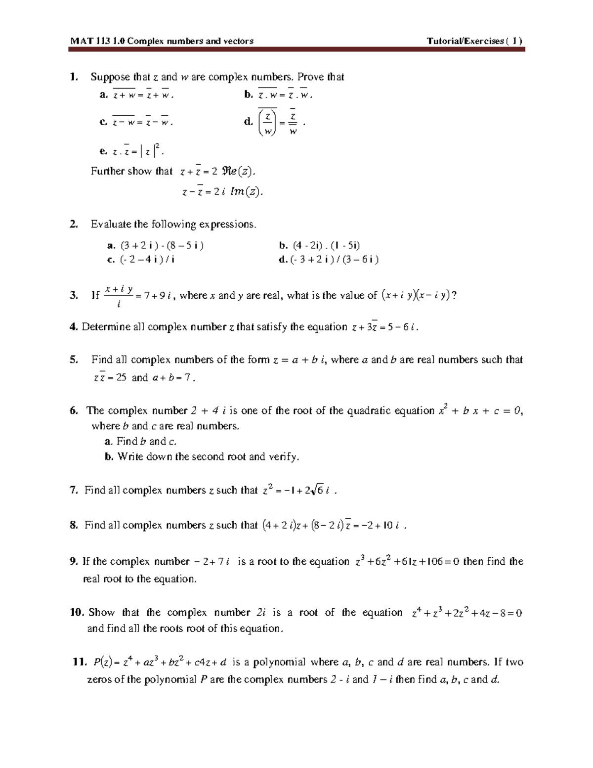 Qu - Differentiate - MAT 113 1 Complex numbers and vectors Tutorial ...