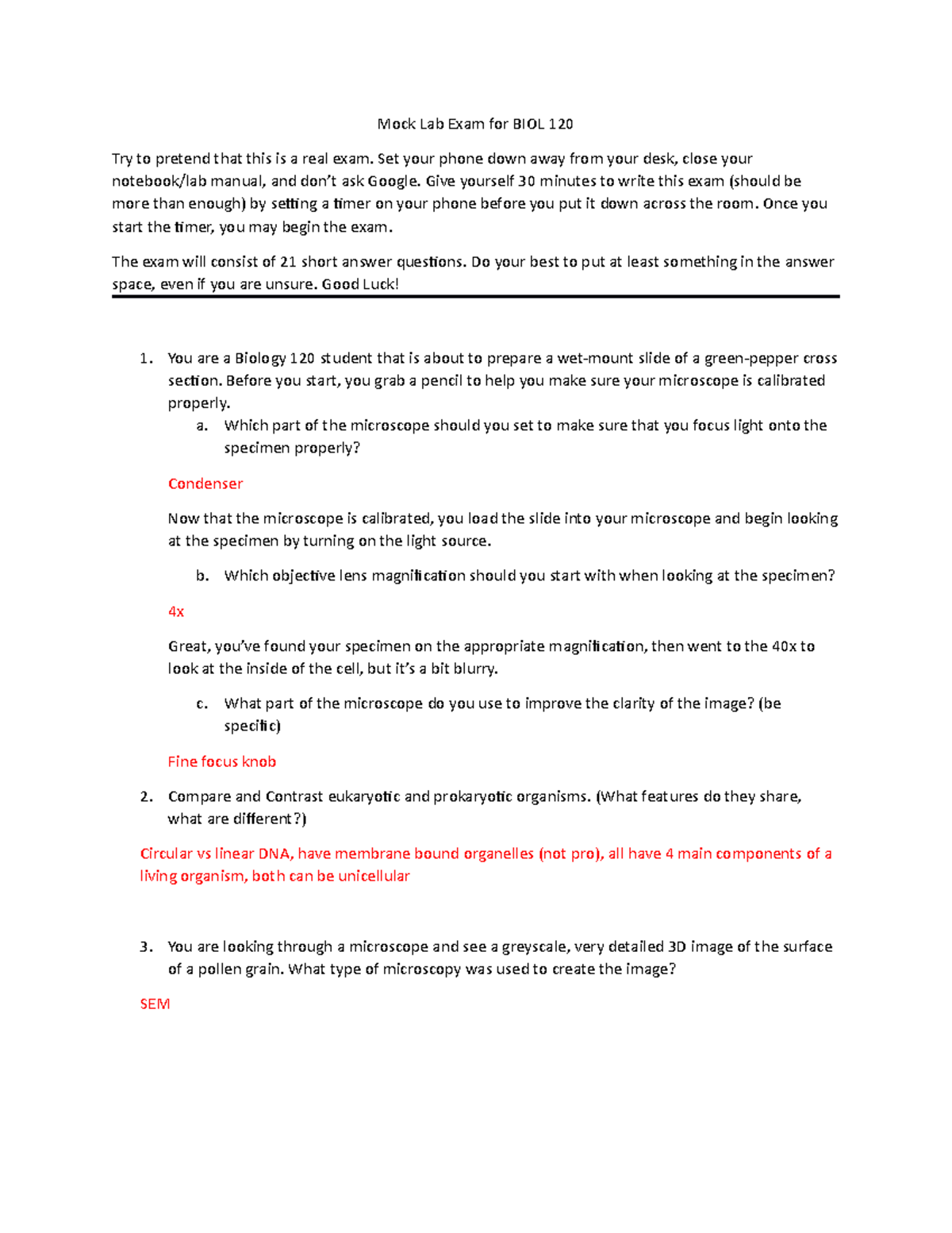 Mock Lab Exam for BIOL 120 - Set your phone down away from your desk ...