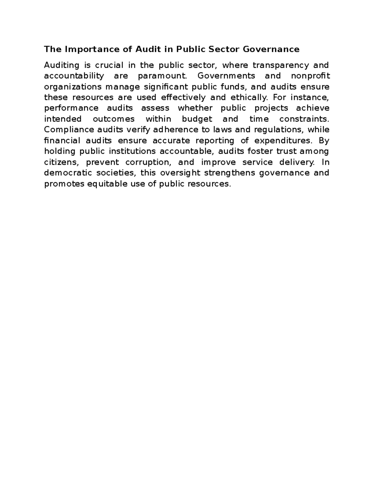 The Importance of Audit in Public Sector Governance - Governments and ...