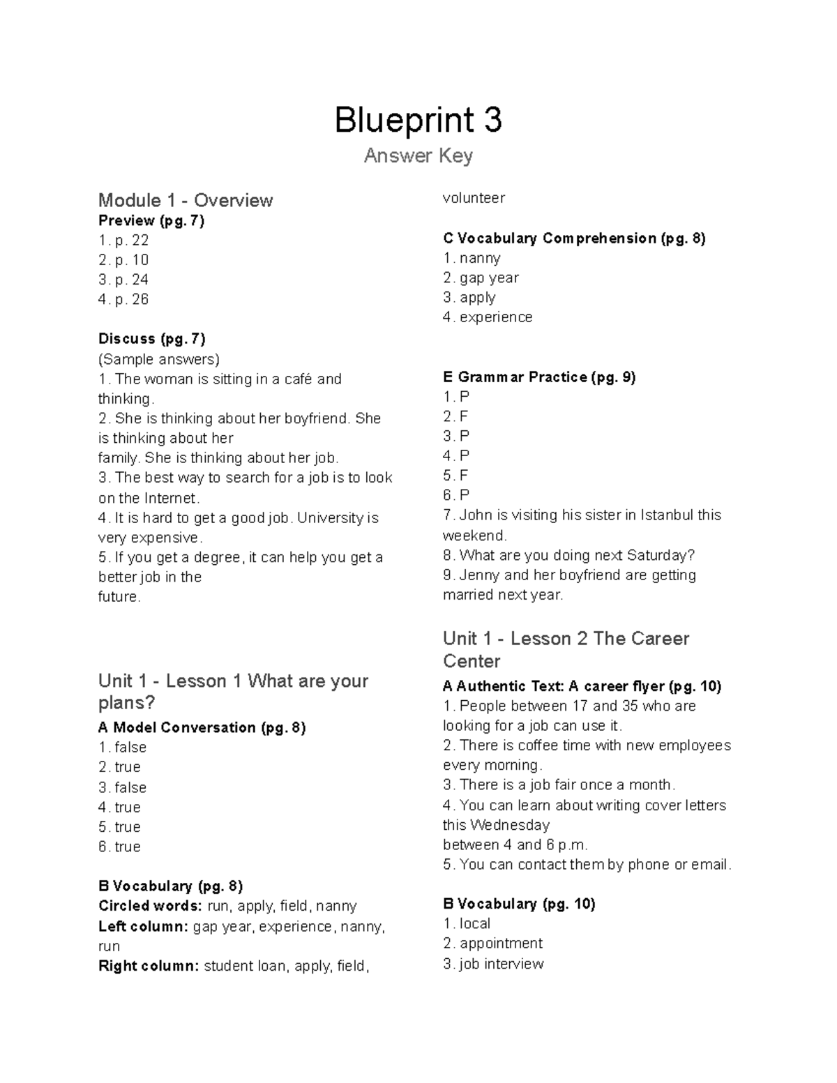 Blueprint 3 Student Book Answer Key - Blueprint 3 Answer Key Module 1 ...