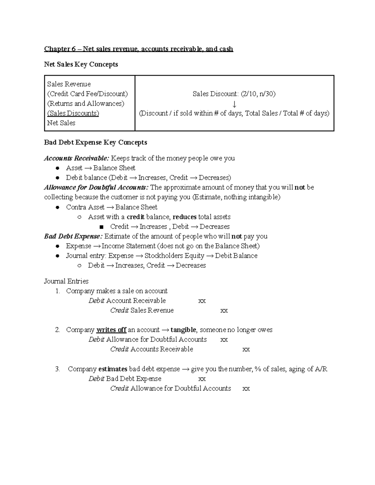 ACCT Chapter 6 Final Review - Chapter 6 – Net sales revenue, accounts ...