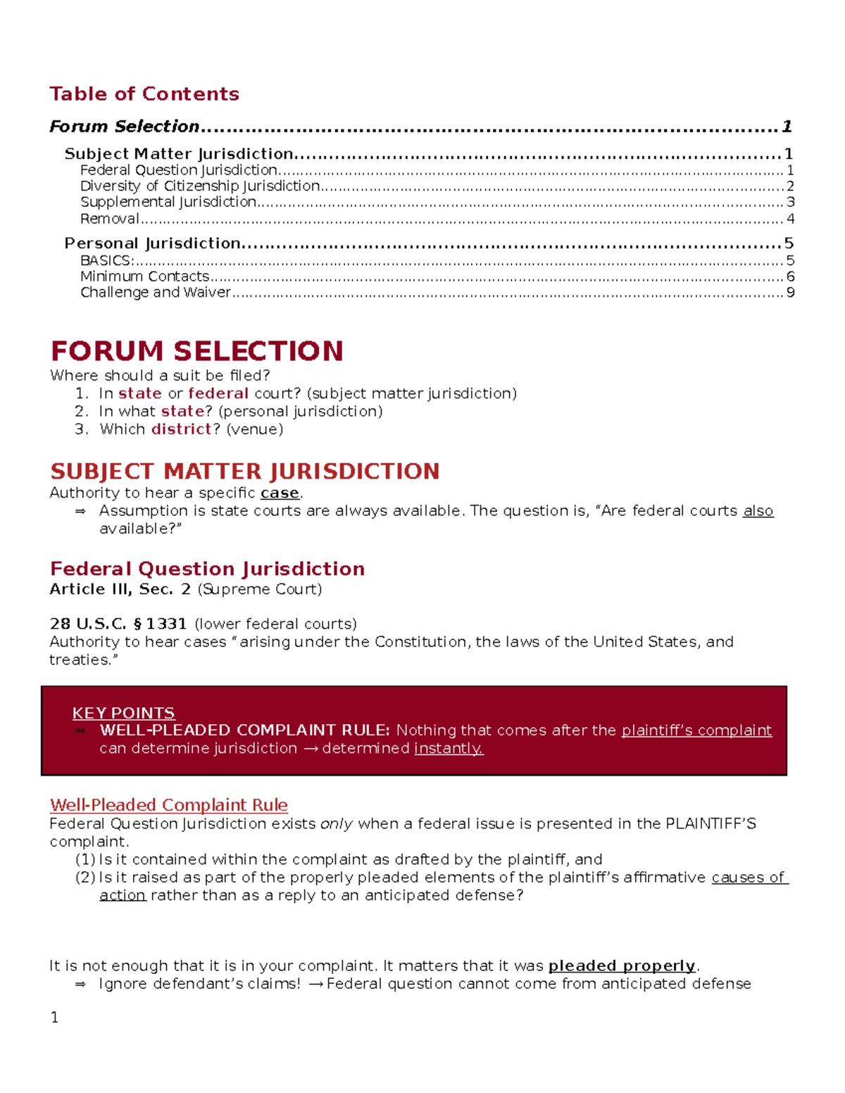 Civil Procedure Outline - Choice of Forum - LAWS 620 - Studocu