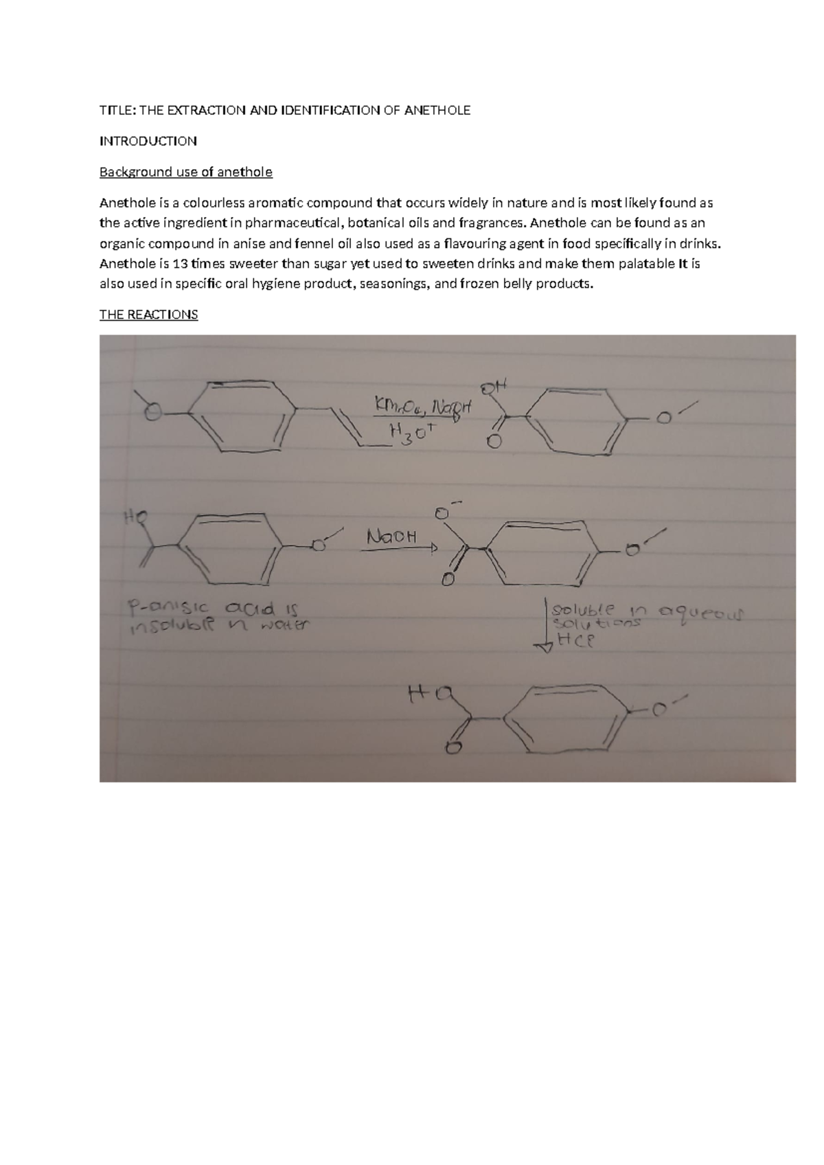 Pre lab anethole - TITLE: THE EXTRACTION AND IDENTIFICATION OF ANETHOLE ...