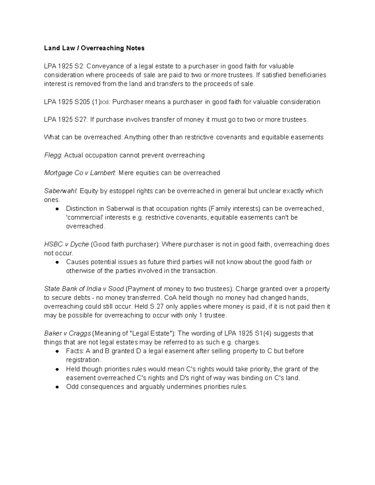Land Law Overreaching Notes - Land Law / Overreaching Notes LPA 1925 S2 ...