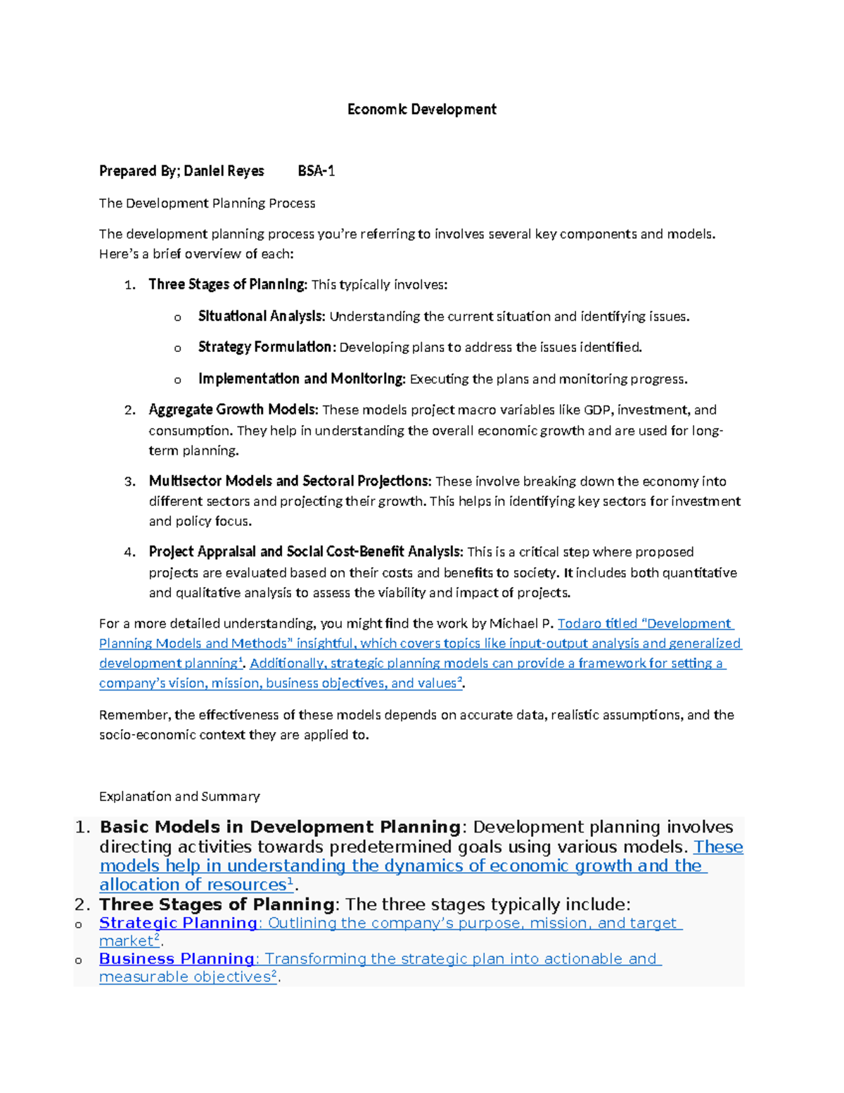 The Development Planning Process - Economic Development Prepared By; Daniel Reyes BSA- The - Studocu
