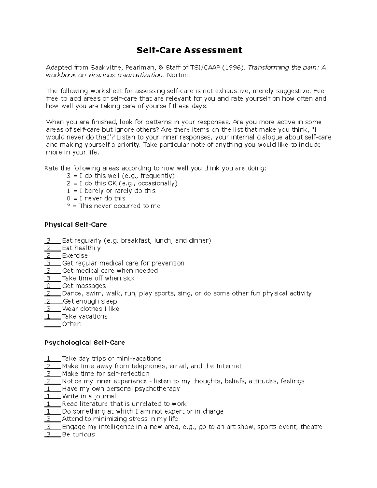 Copy of self-care-assessment.docx - Self-Care Assessment Adapted from ...