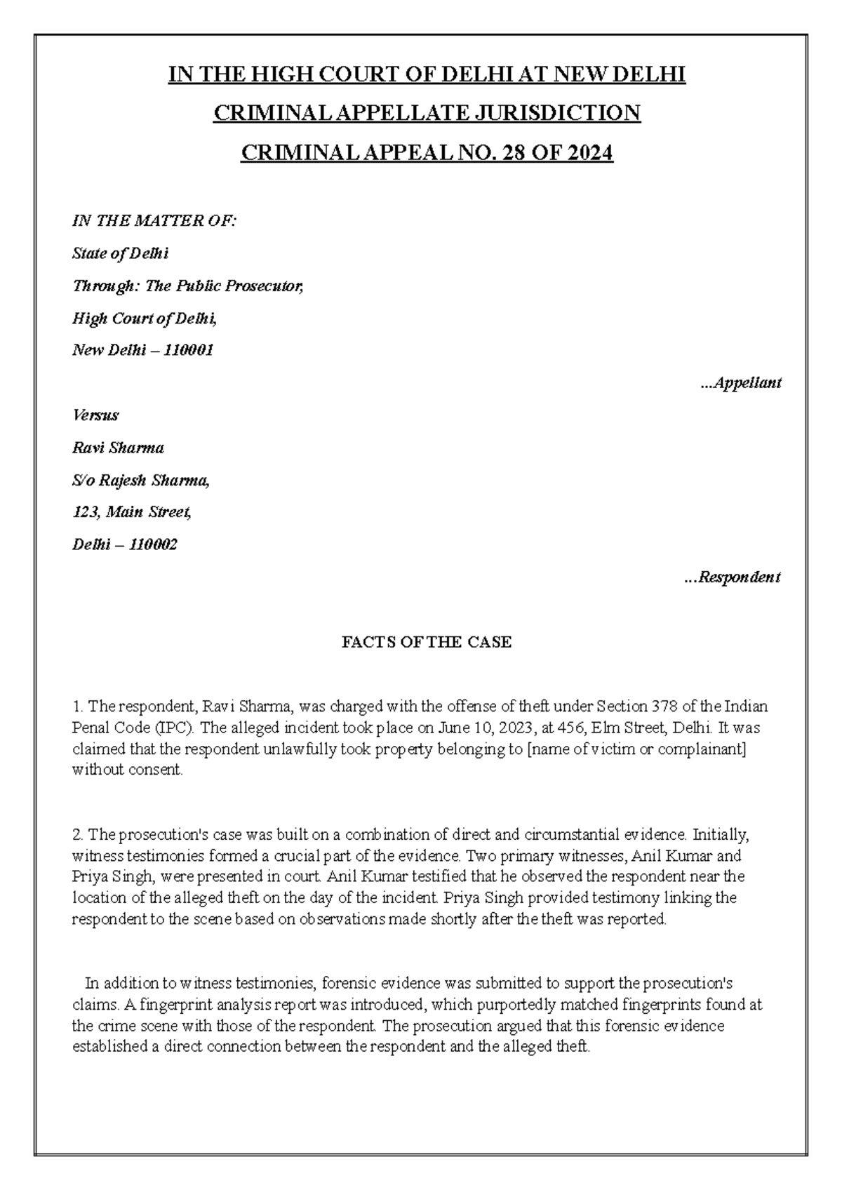 Criminal appeal - draft : legal draft - IN THE HIGH COURT OF DELHI AT ...