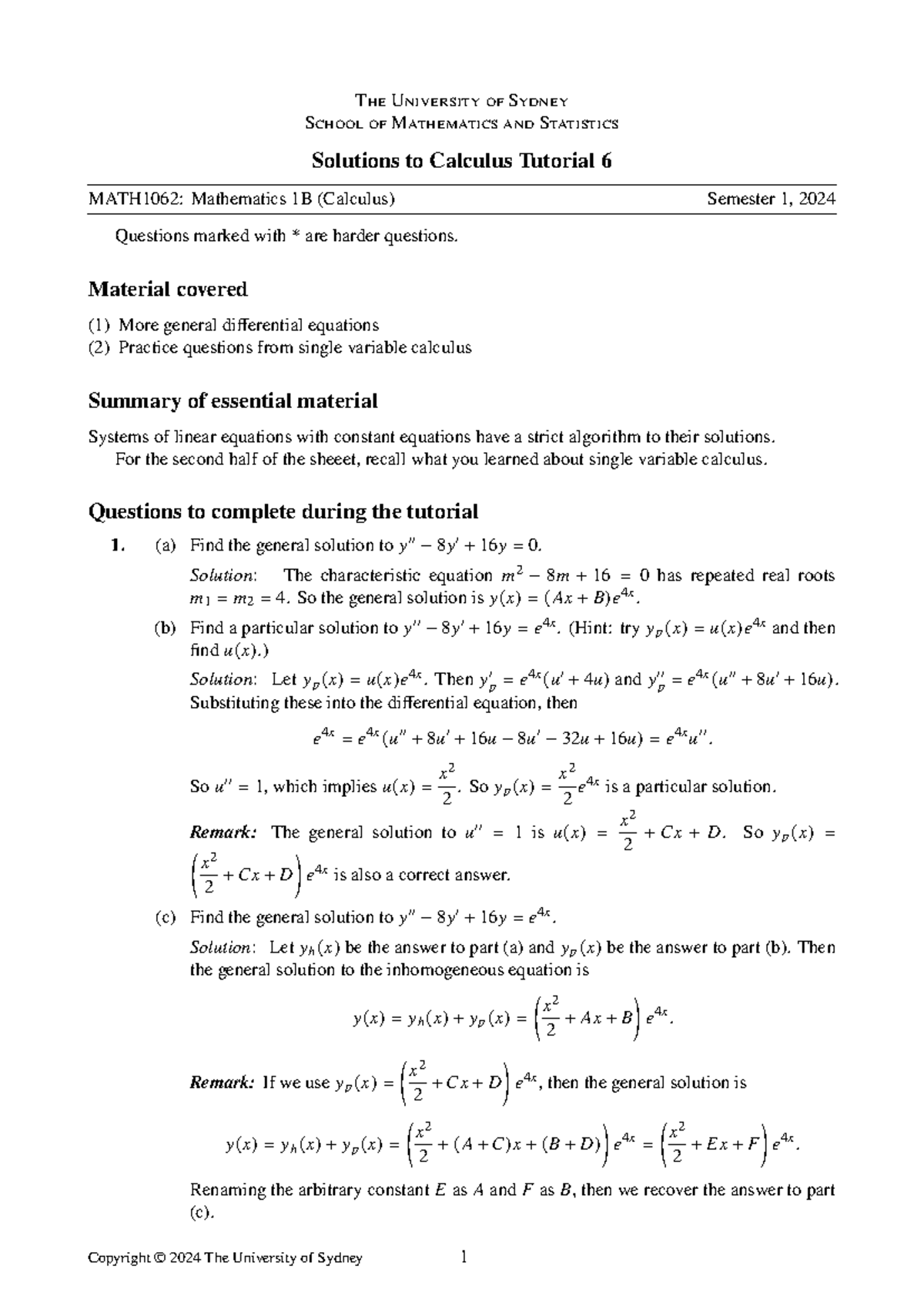Solutions to calculus tutorial 6 - The University of Sydney School of ...