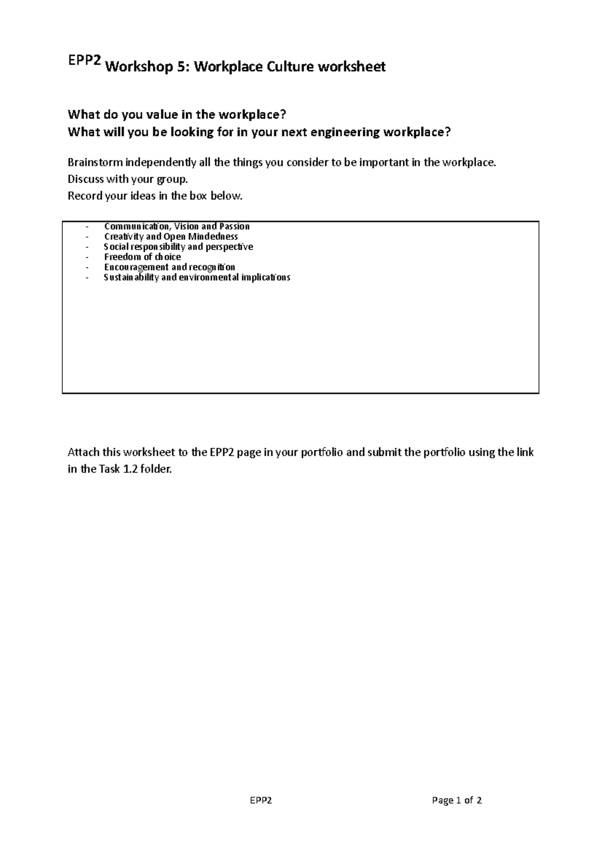 EPP2 Worksheet 5 - Week 5 Workshop on EPP2 - EPP2 Workshop 5: Workplace ...