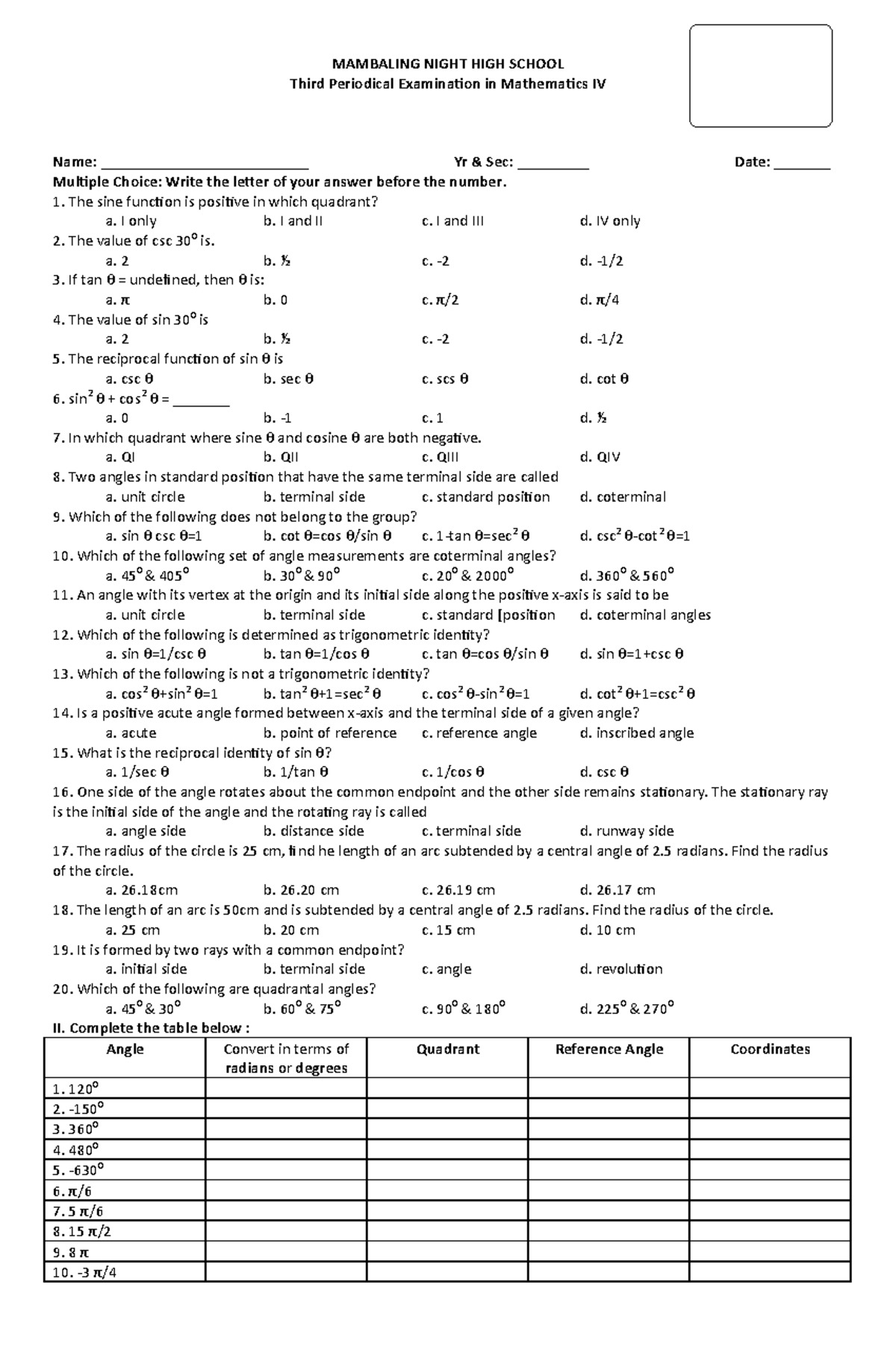 Math IV-3 - Test Paper - MAMBALING NIGHT HIGH SCHOOL Third Periodical ...
