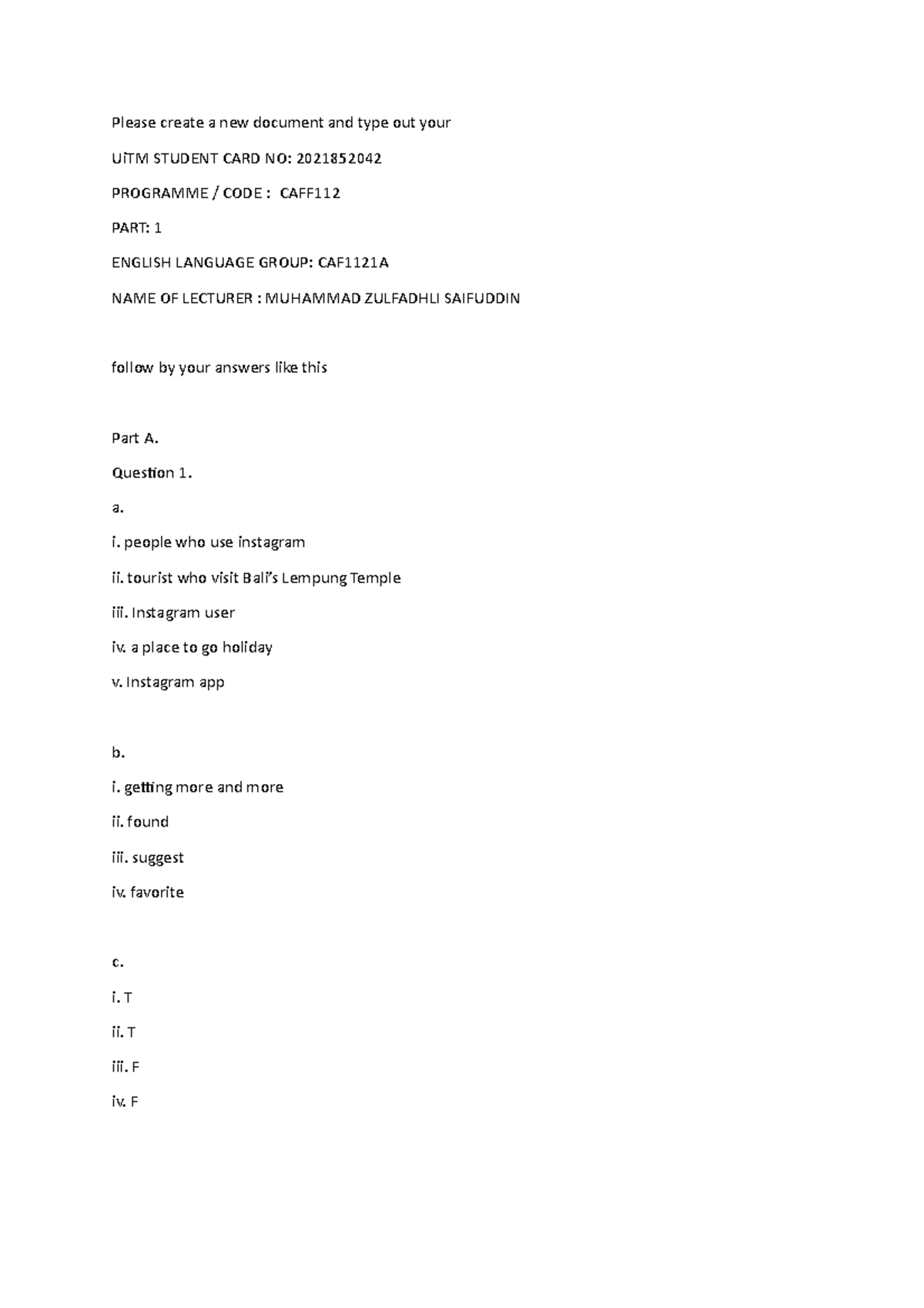 Reading test - for writing student - Please create a new document and ...