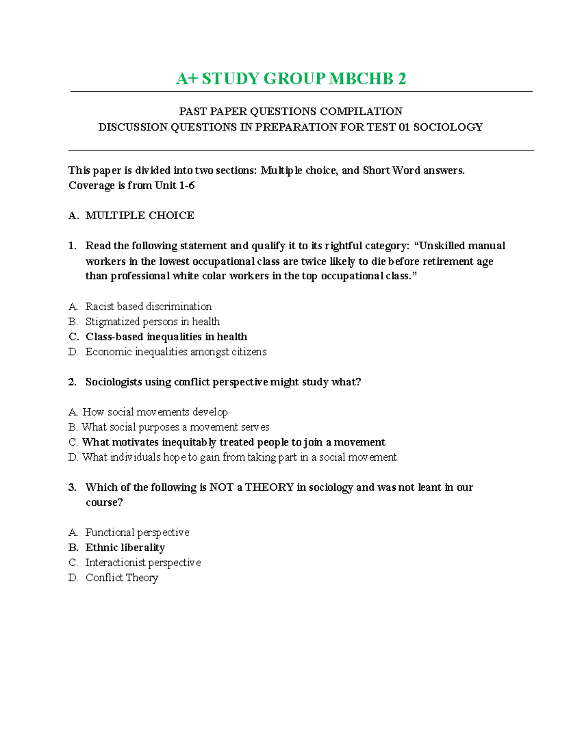 Sociology Group Discussion - A+ STUDY GROUP MBCHB 2 PAST PAPER ...
