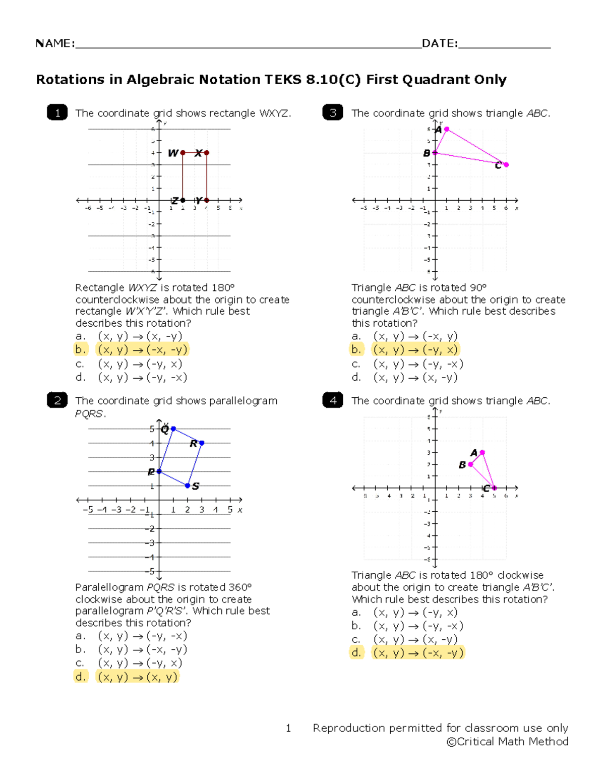 Rotationrulesalgebraicquad 1final Answer - NAME ...