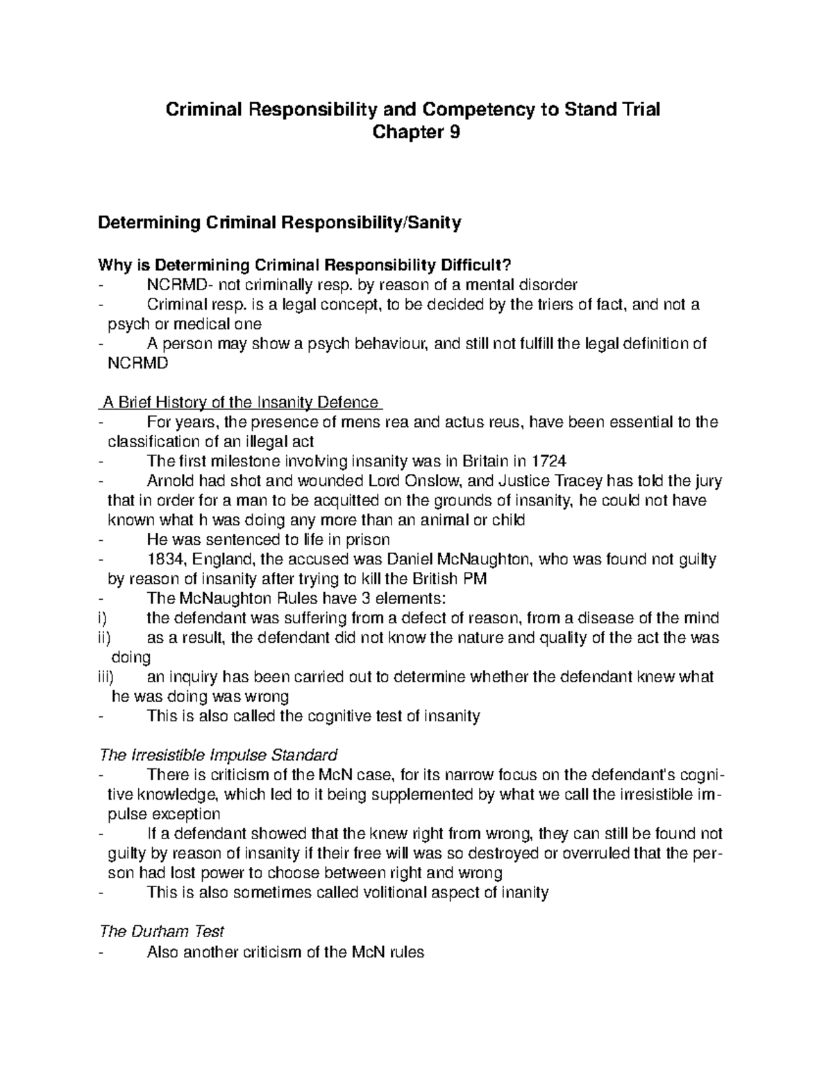 Summary - Criminal Responsibility and Competency to Stand Trial ...