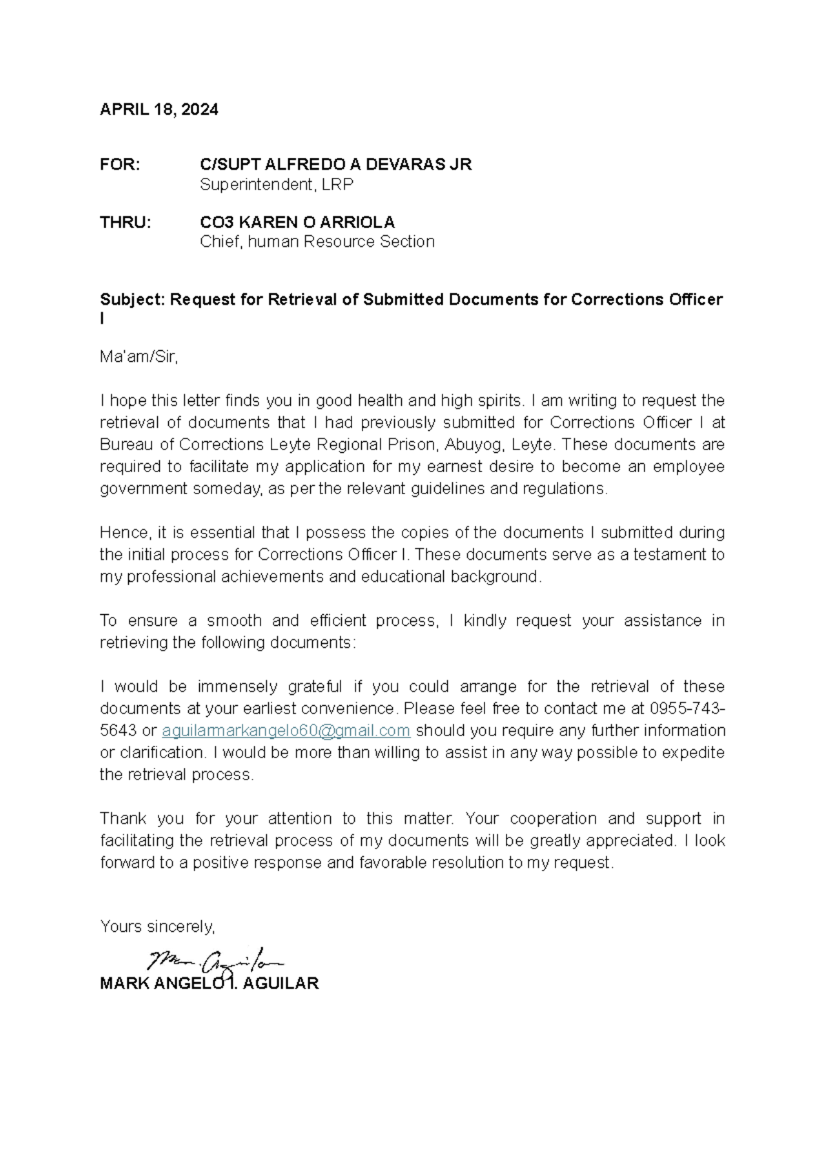 Retrieval Letter Bucor-MARK Angelo - APRIL 18, 2024 FOR: C/SUPT ALFREDO ...