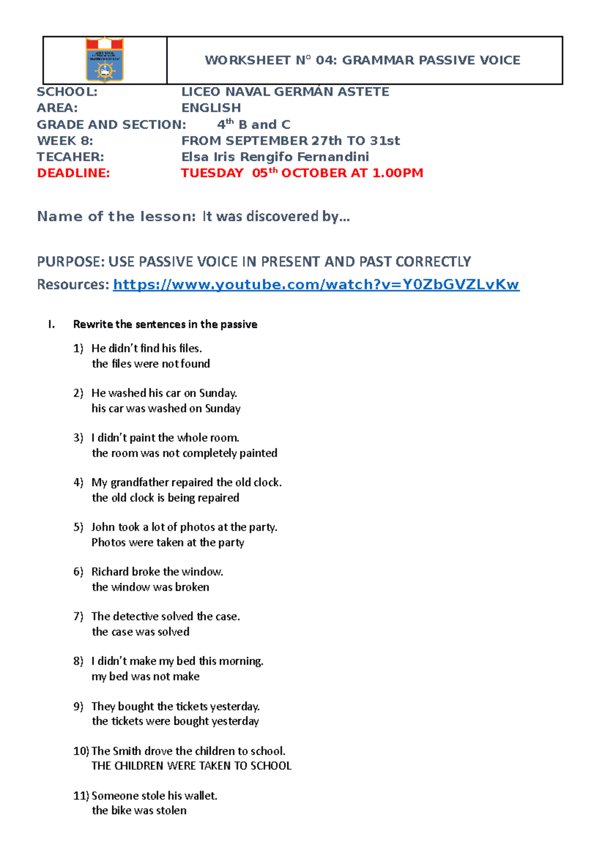 Worksheet N° 04 Passive Voice - WORKSHEET N° 04: GRAMMAR PASSIVE VOICE ...