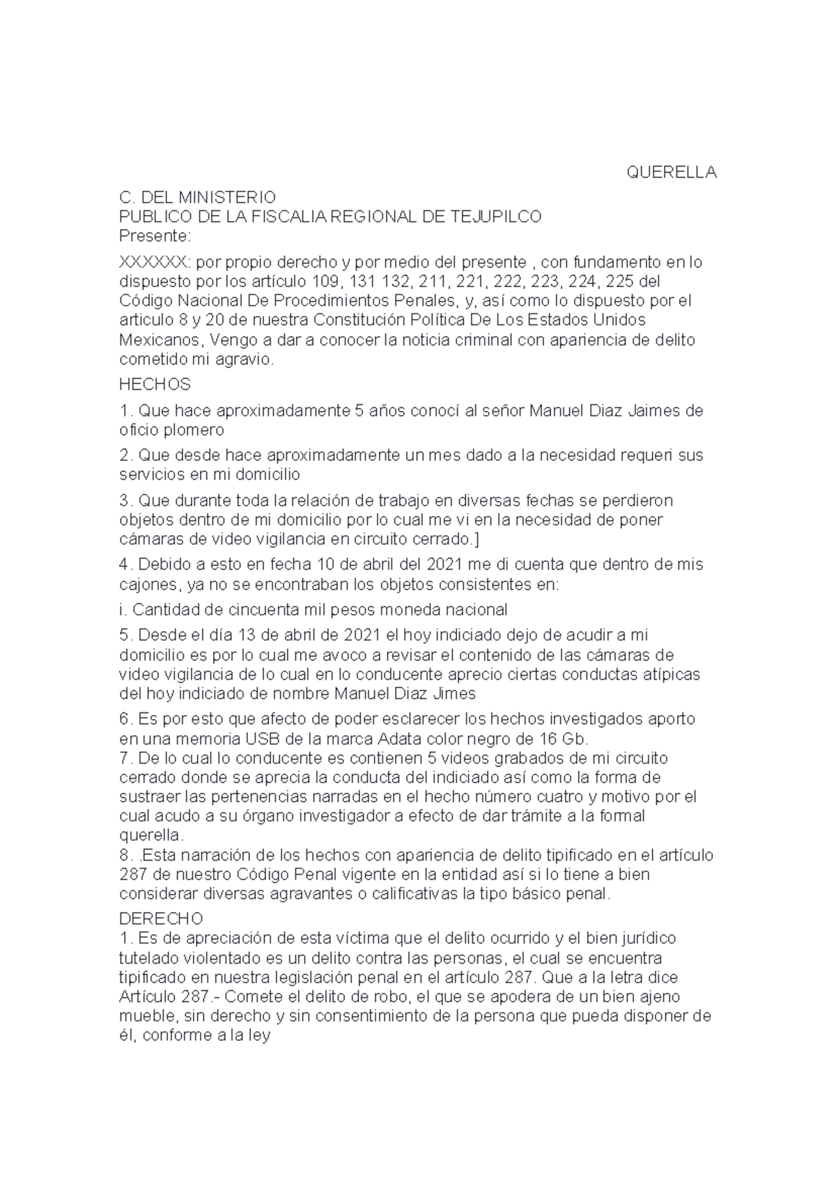 Querella - FORMATO DE QUERELLA - QUERELLA C. DEL MINISTERIO PUBLICO DE ...