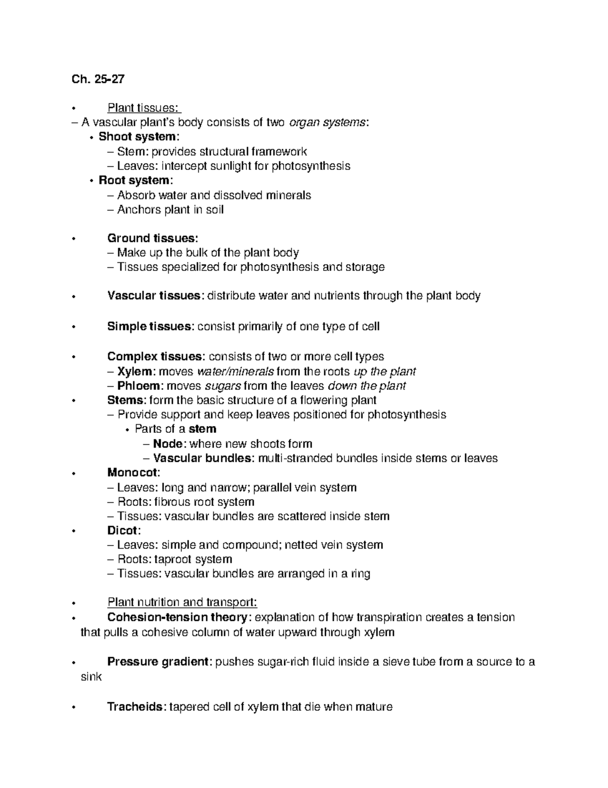 Biology II Chapter 25, 26, & 27 - Ch. Plant tissues: A vascular body ...
