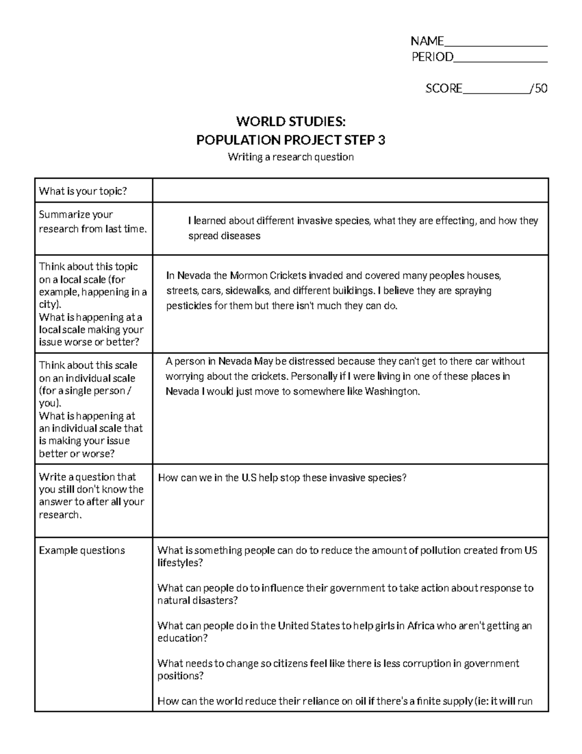 - Project Step 3 write research question - NAME ...