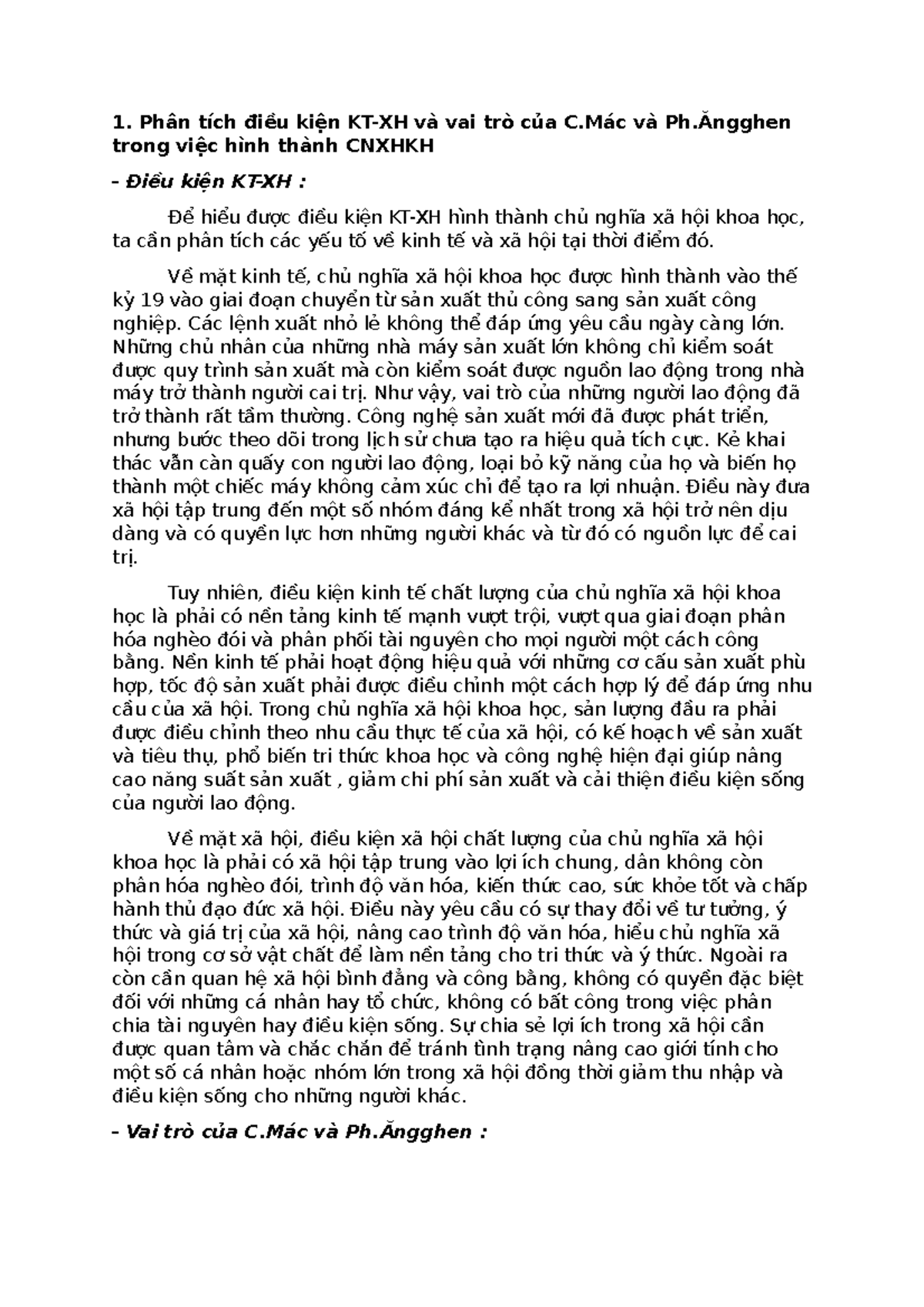 Câu hỏi chương 1,2 - cô Kim Hoa - Phân tích điều kiện KT-XH và vai trò của Các và Ph.Ăngghen ...