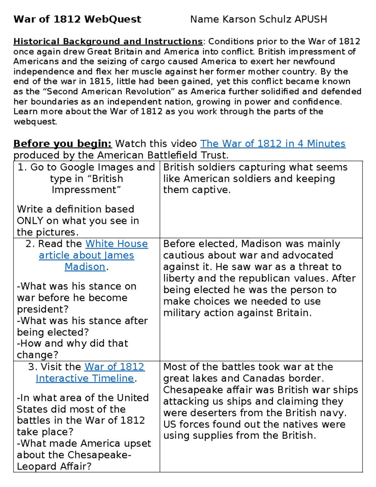 War of 1812 Webquest Apush updated Oct 2024 - War of 1812 WebQuest Name ...