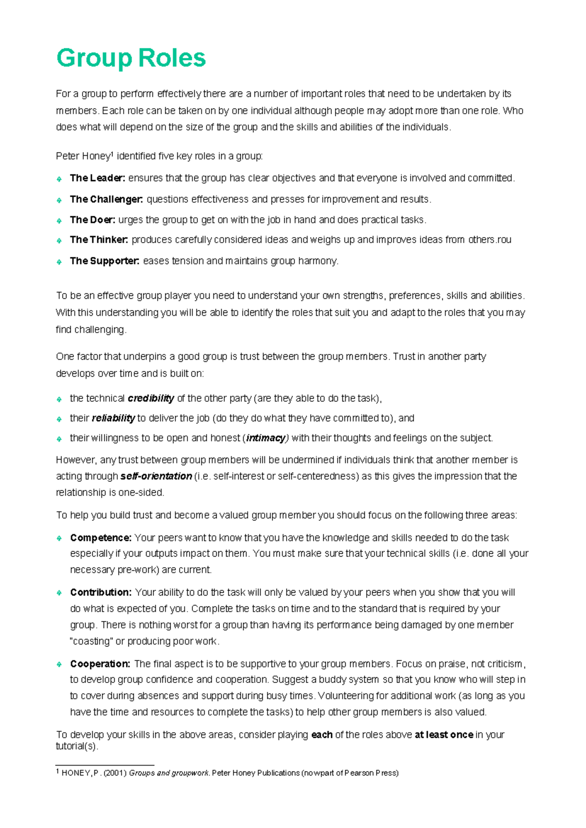 Peter Honey's Group Roles - Group Roles For a group to perform ...