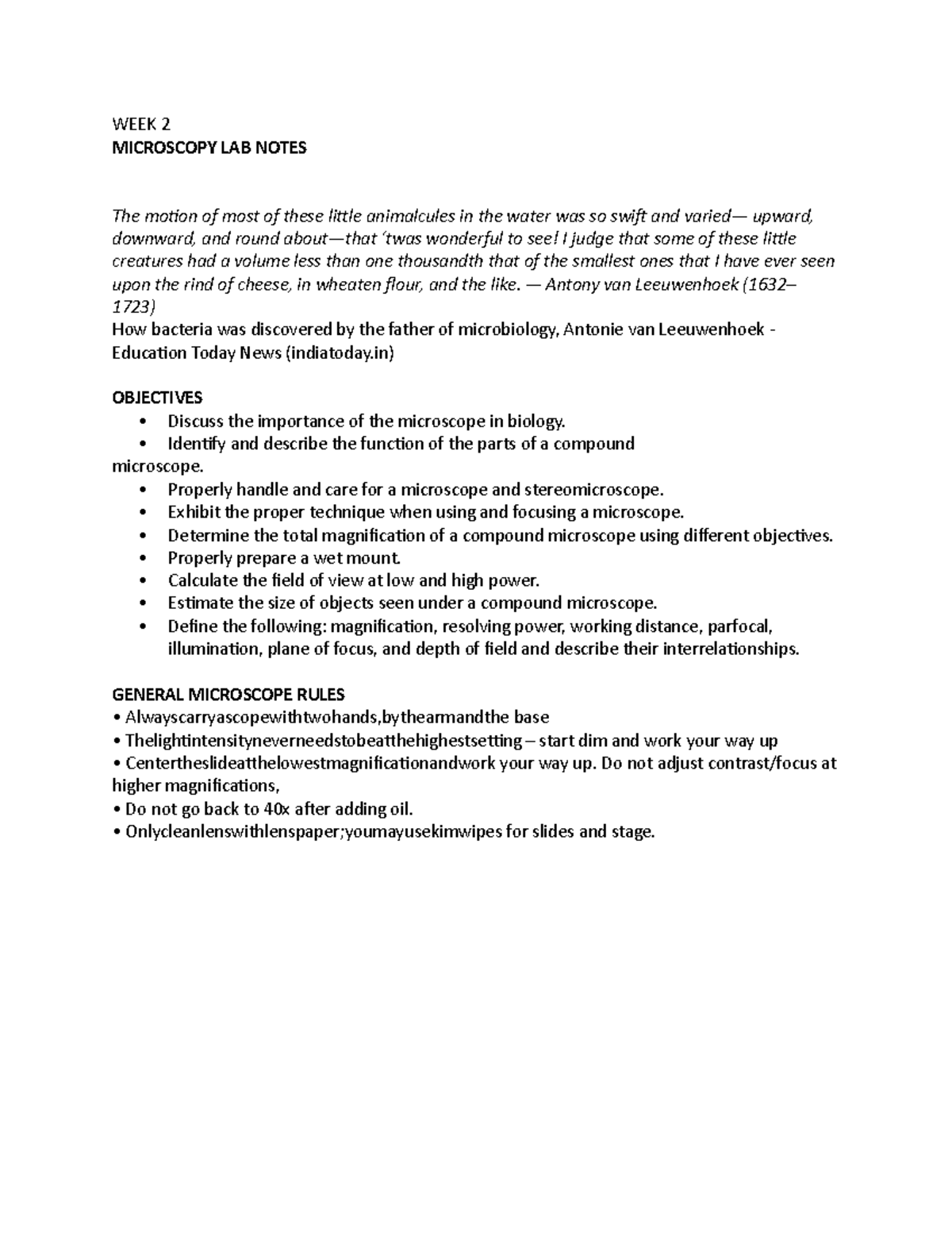 WEEK 2 - Lab notes lecture - WEEK 2 MICROSCOPY LAB NOTES The motion of ...