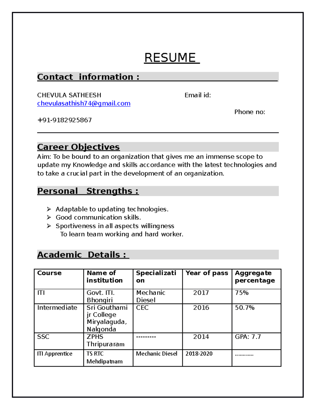 Sathish Resume original - RESUME Contact information : CHEVULA SATHEESH ...