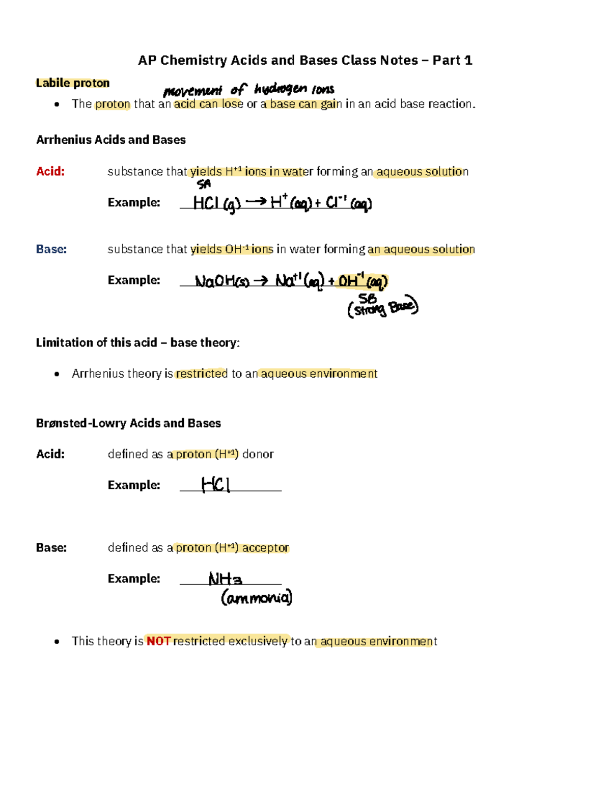 AP Chemistry Acids and Bases Class Notes-part 1 - Arrhenius Acids and ...