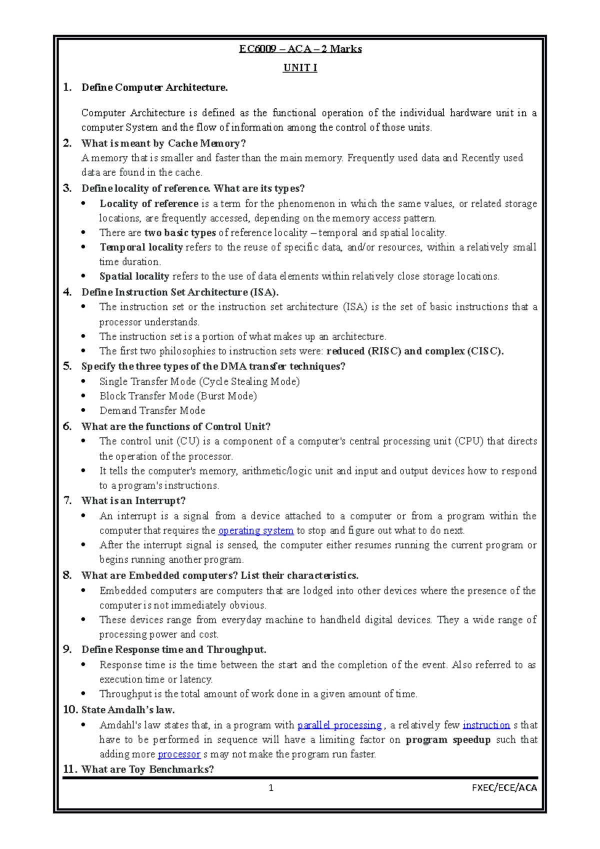EC6009 - ACA2 Marks Unit I to Unit III - EC6009 – ACA – 2 Marks UNIT I ...