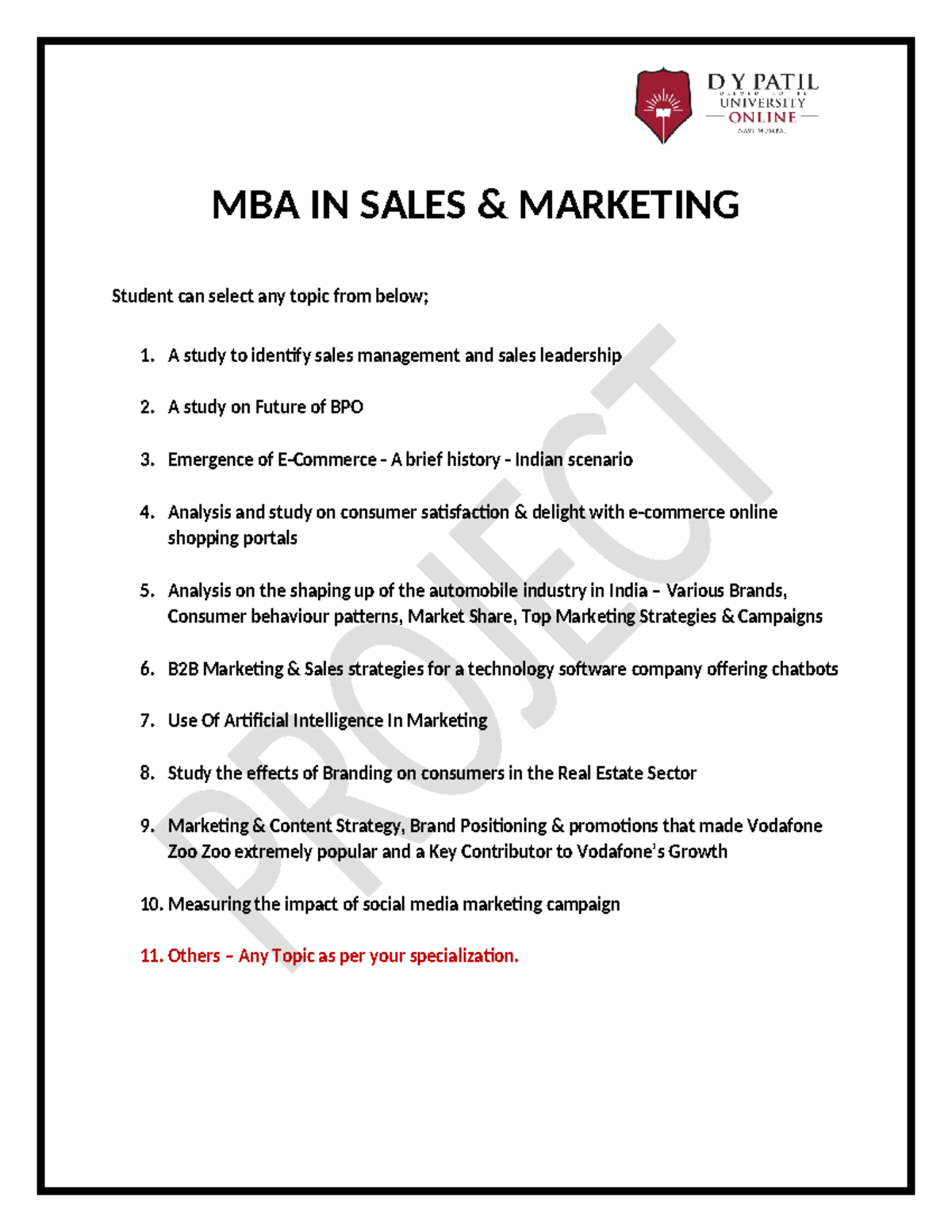 MBA Sales Marketing - MBA IN SALES & MARKETING Student can select any ...