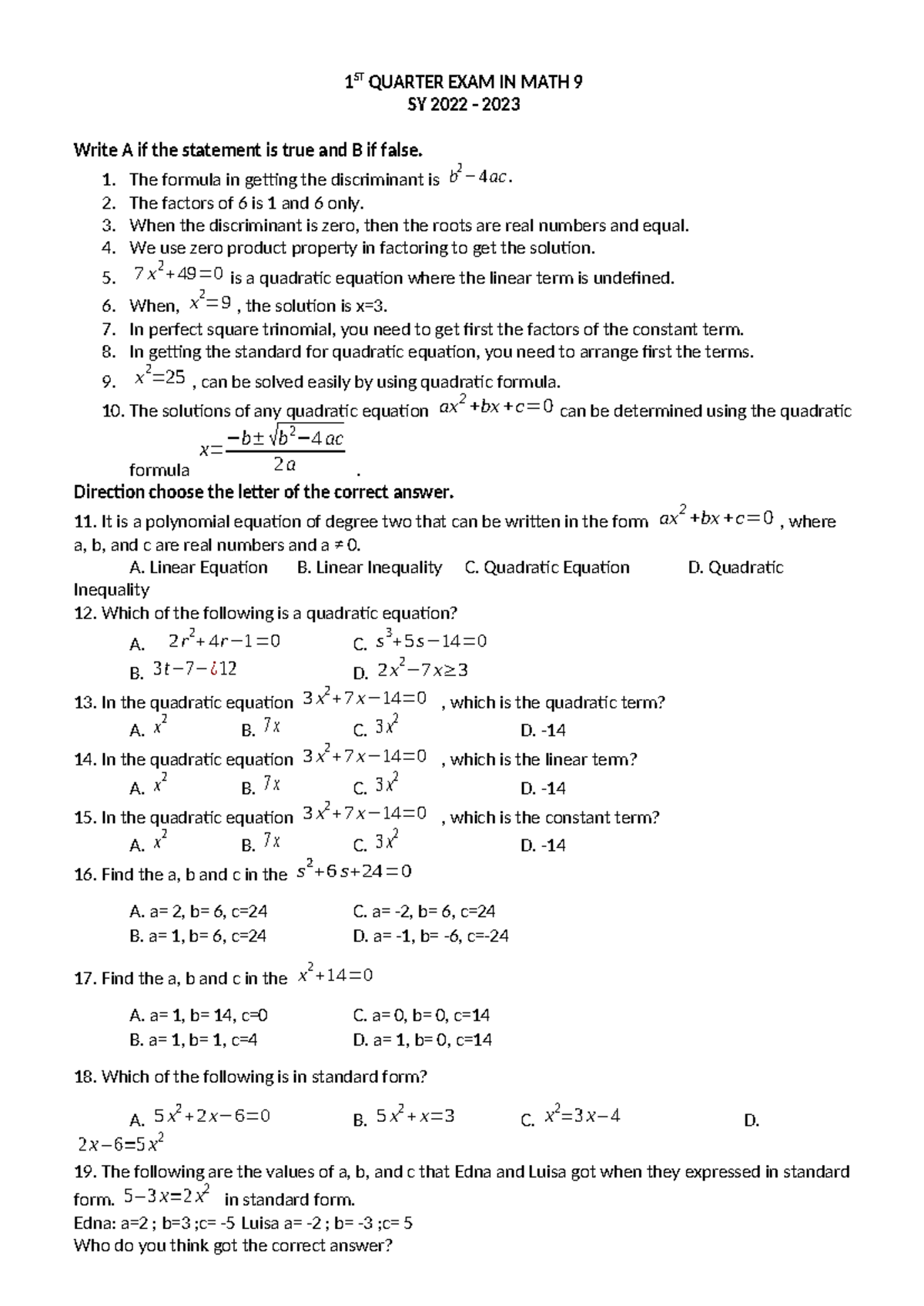 Grade 9 Mathematics Periodic Test - 1 ST QUARTER EXAM IN MATH 9 SY 2022 ...