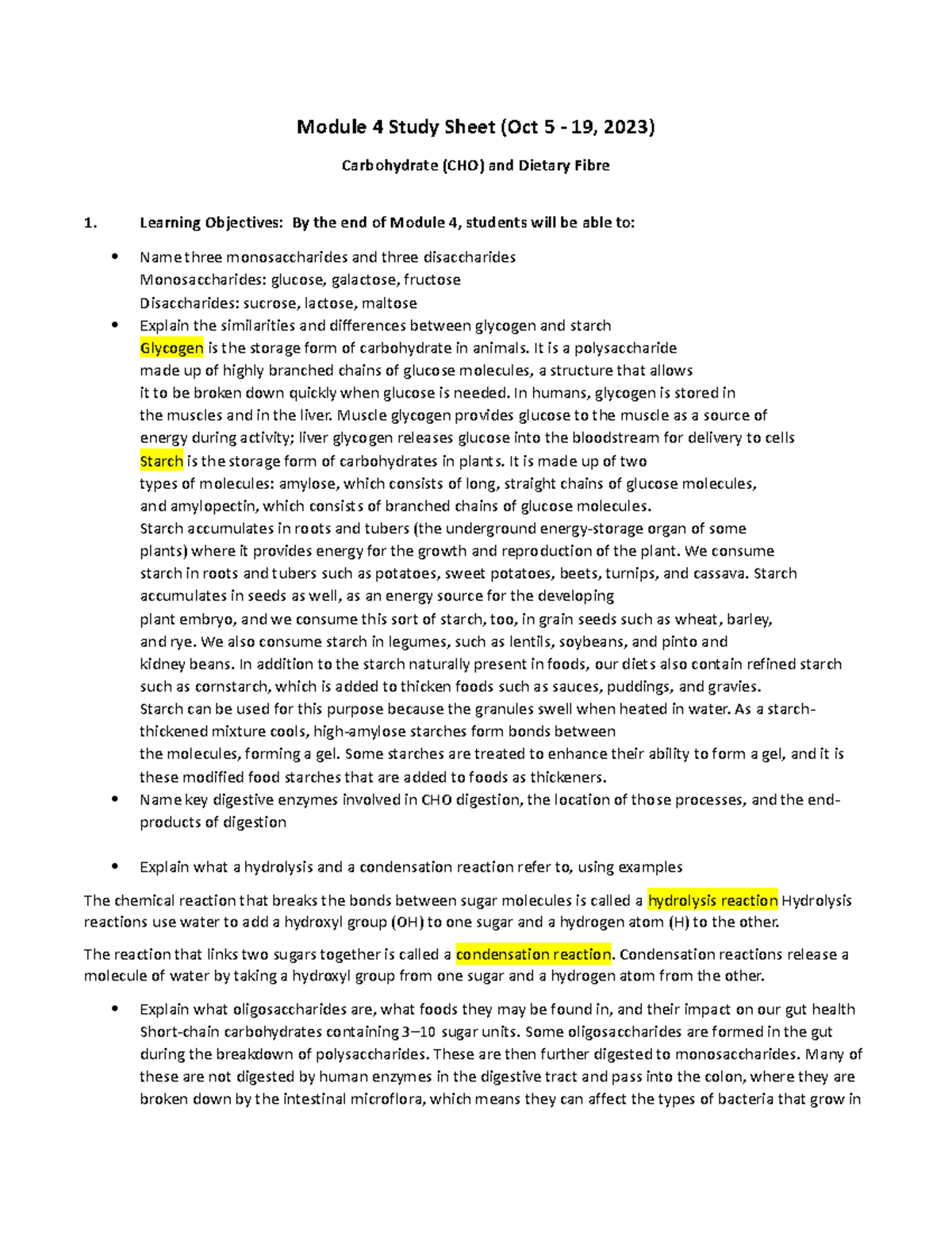 Study Sheet for Module 4 - Carbohydrates and Fibre - Fall 2023 - Module ...