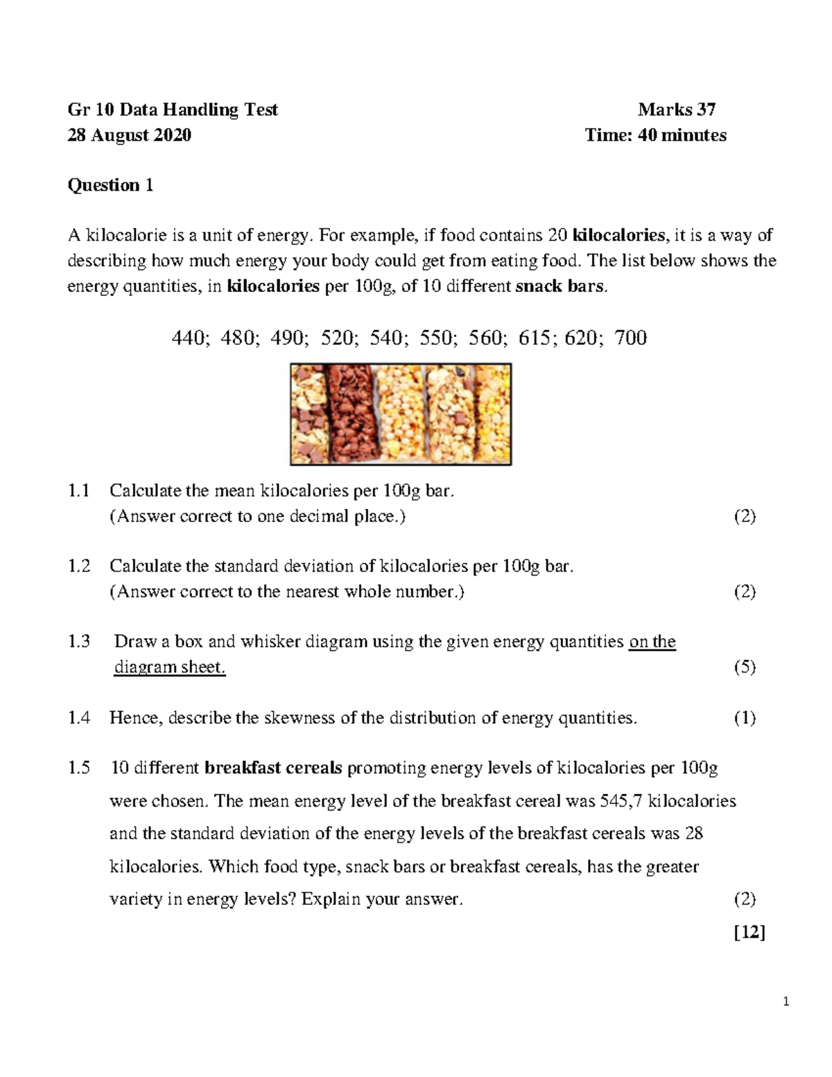 Maths Test 3 - Data Handling - Gr 10 Data Handling Test Marks 3 7 28 ...