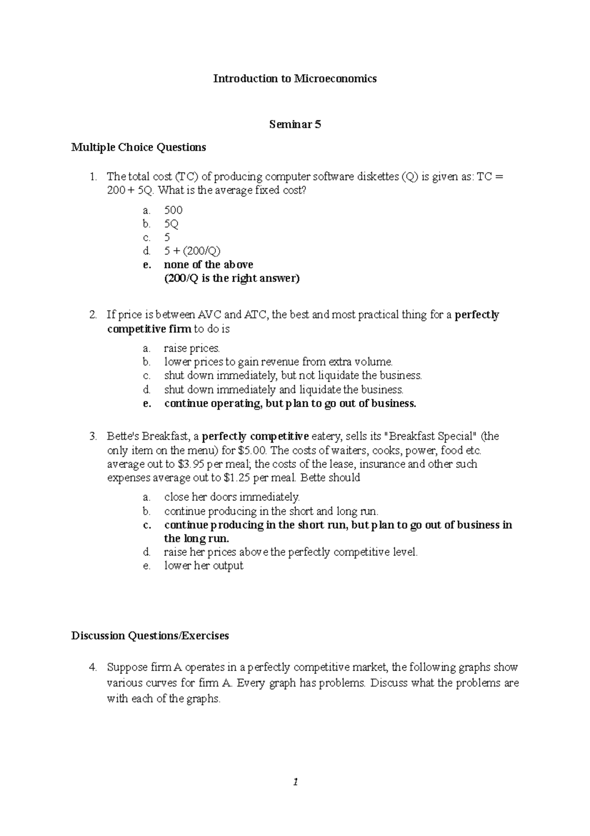 Seminar 5 - answers - Introduction to Microeconomics Seminar 5 Multiple ...