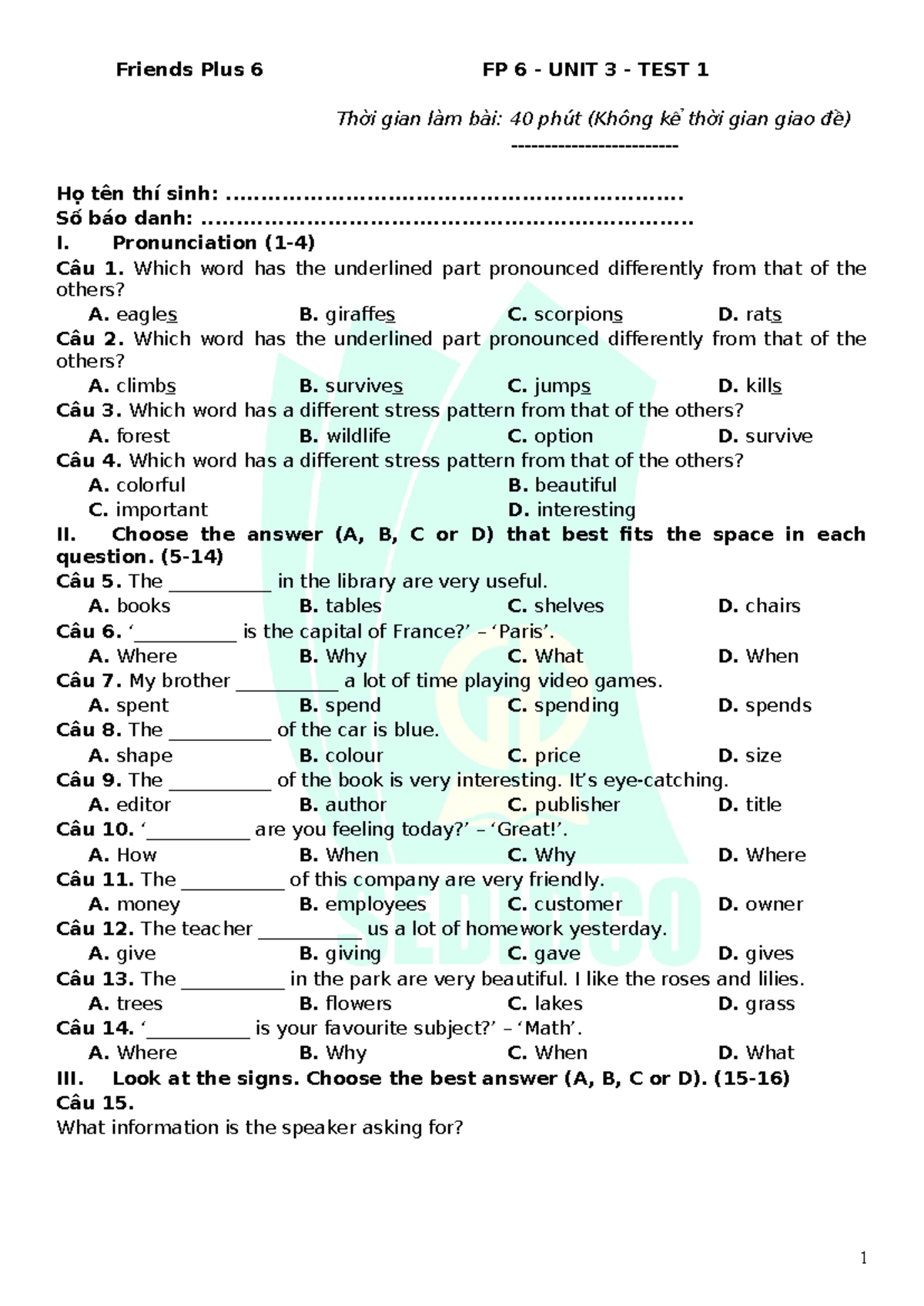 Ôn tập học kì I - Unit 3 - Test 1 - Friends Plus 6 FP 6 - UNIT 3 - TEST ...