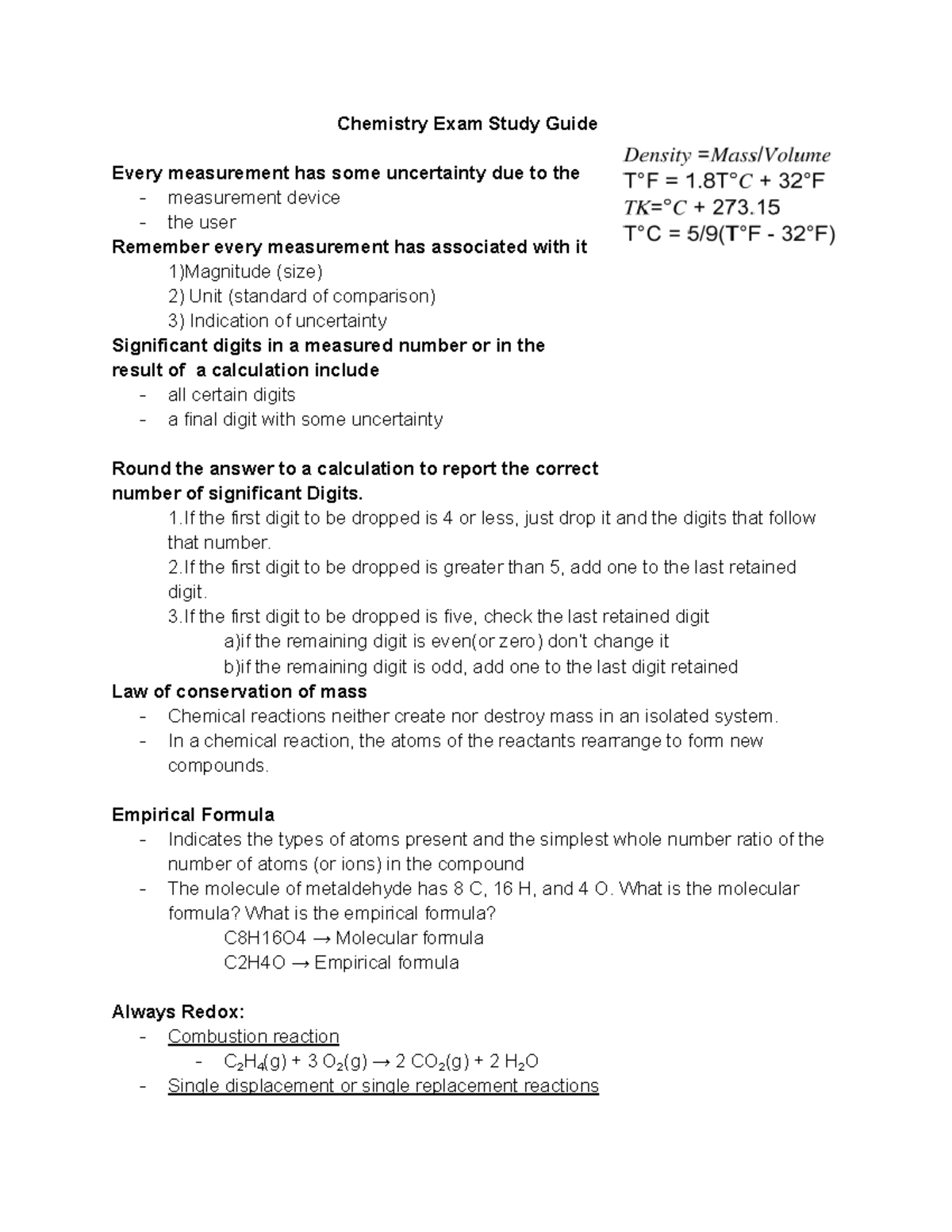 Chemistry Exam Study Guide - Chemistry Exam Study Guide Every ...