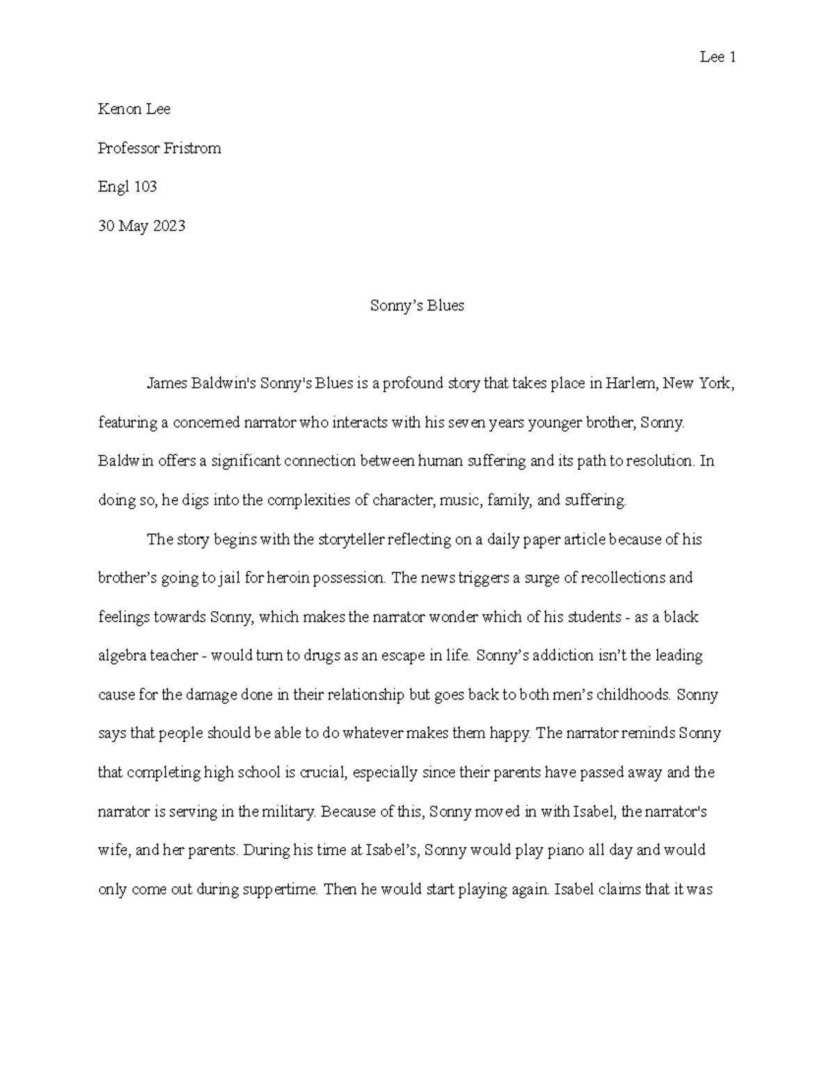Sonny Blues essay - Kenon Lee Professor Fristrom Engl 103 30 May 2023 ...