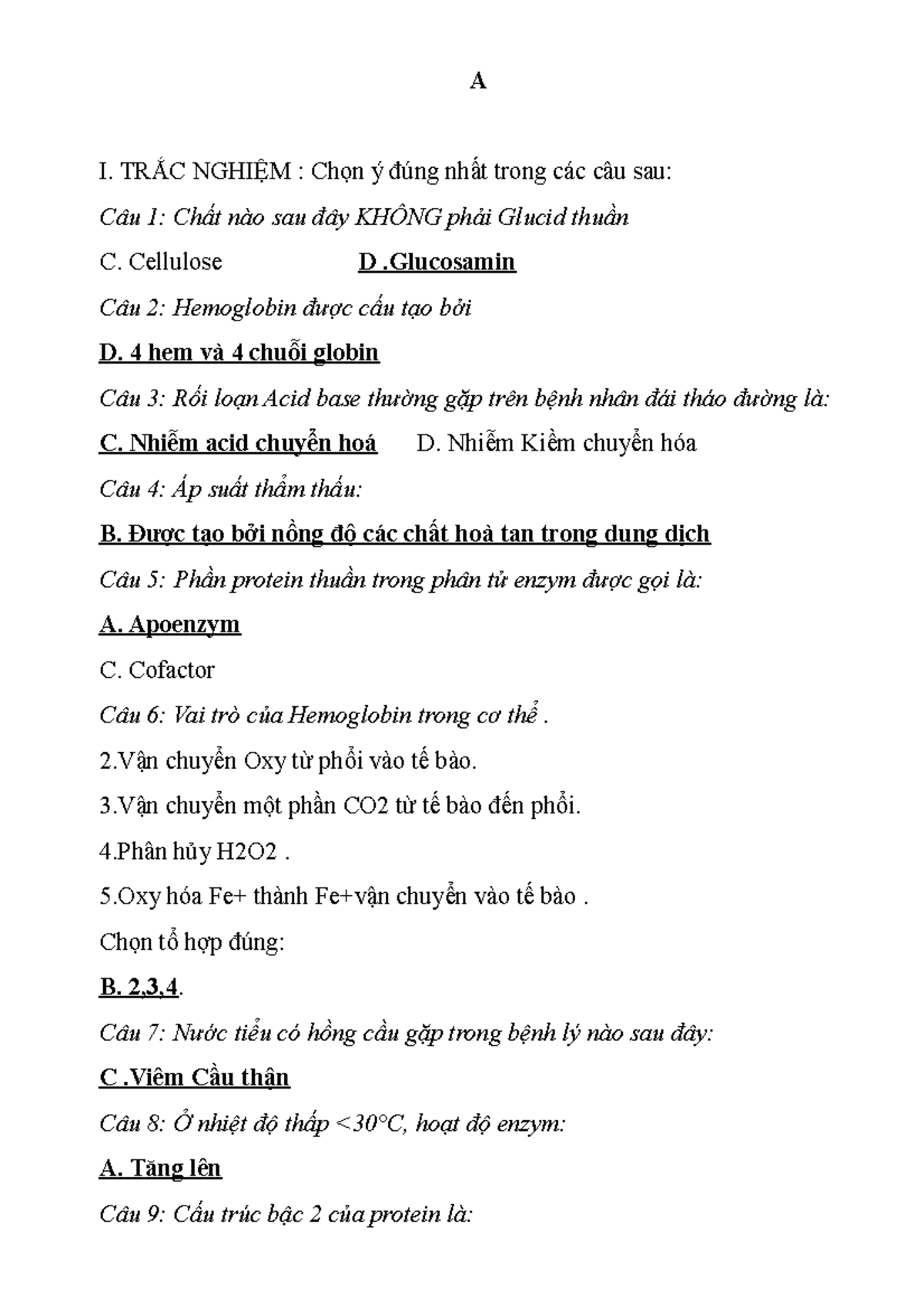 HÓA SINH THI 19,2 - hướng dẫn thi kết thúc môn hóa sinh - A I. TRẮC ...