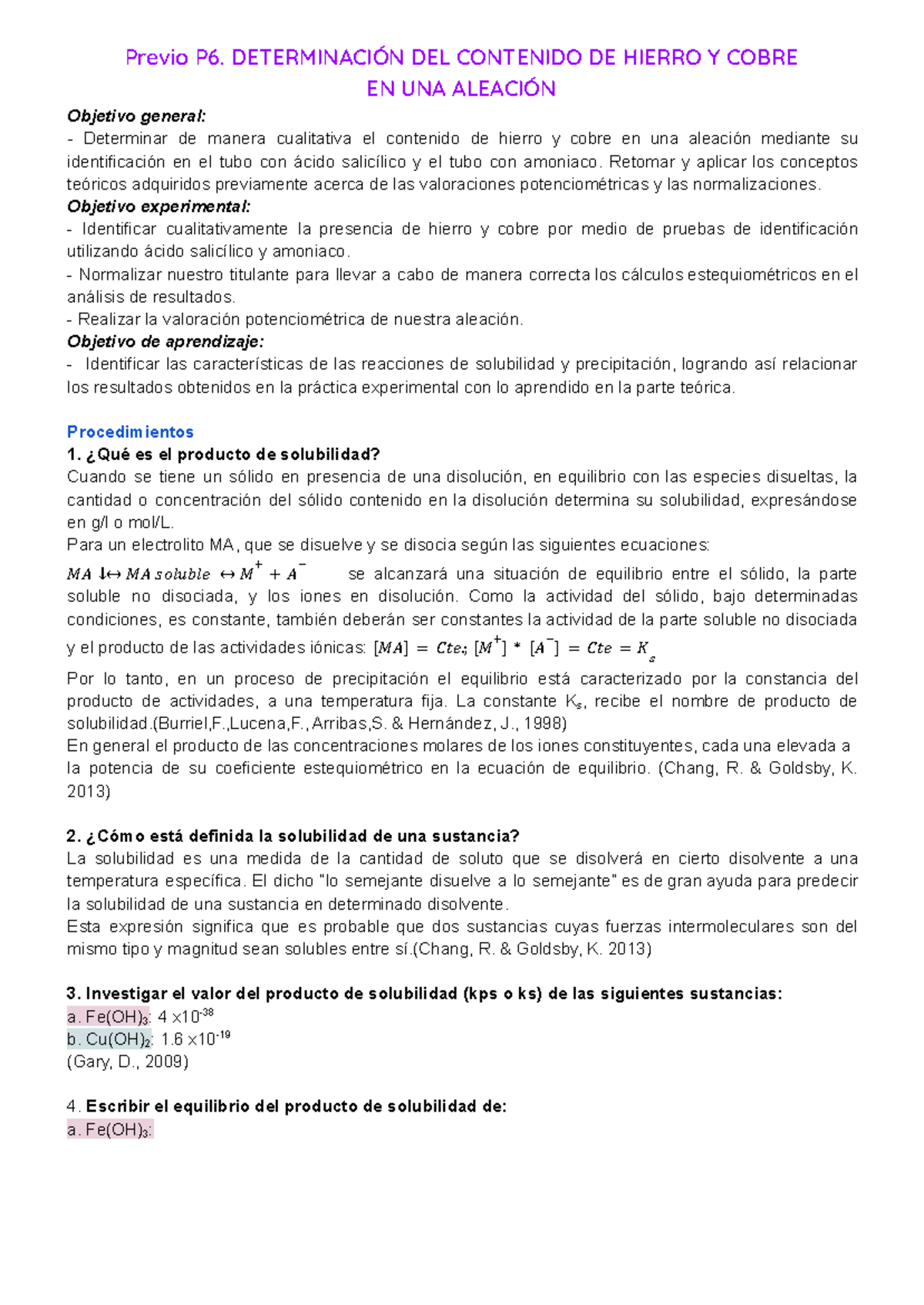 Previo P6. Lab de analitica - Previo P6. DETERMINACIÓN DEL CONTENIDO DE HIERRO Y COBRE EN UNA ...