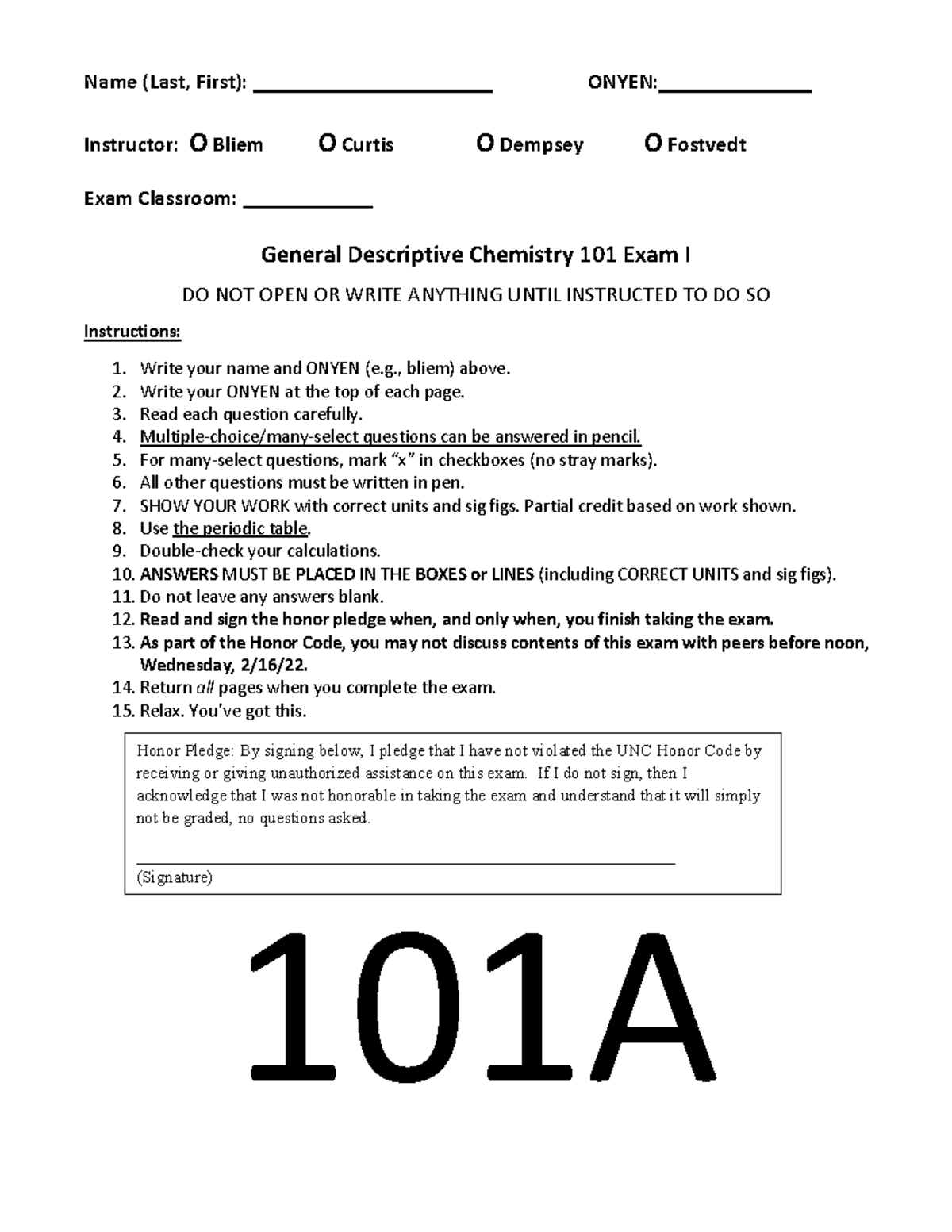 Practice Exam 1 - Name (Last, First): ______________________ ONYEN:______________ Instructor: O ...