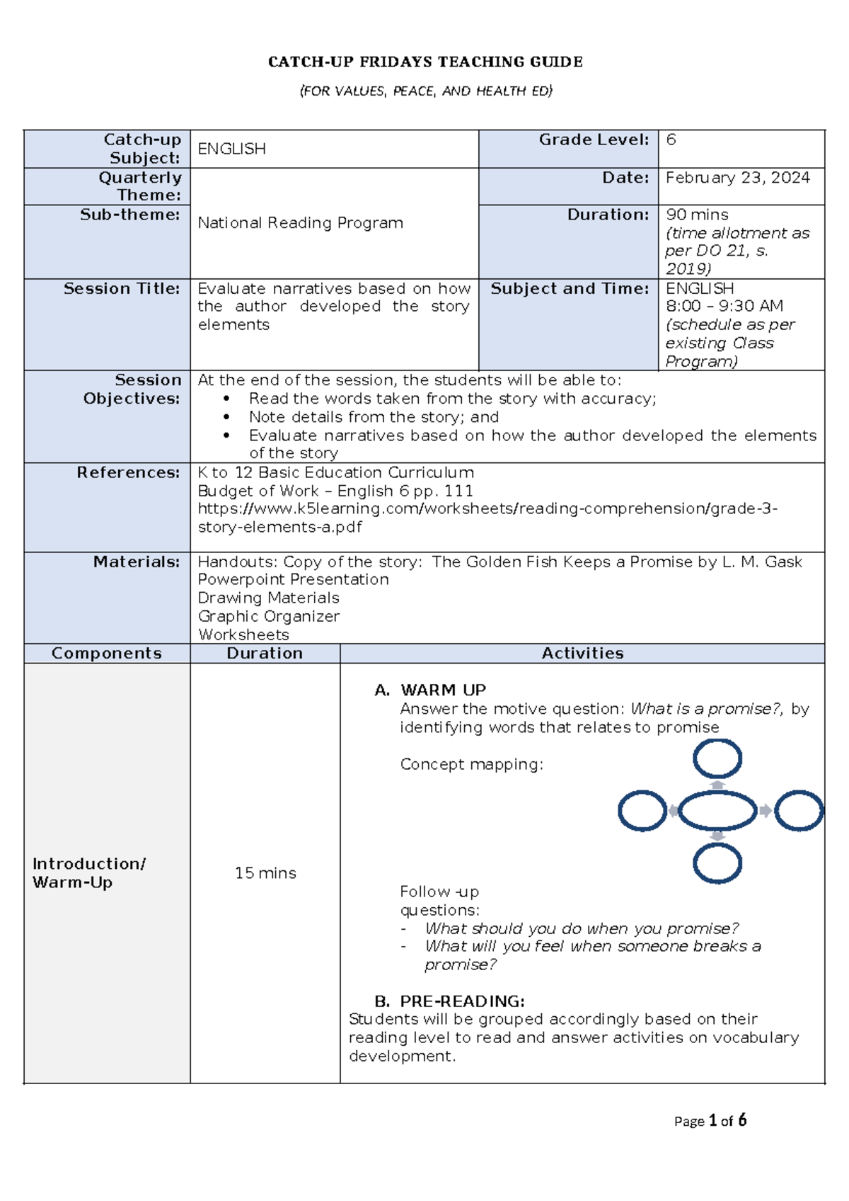 Grade 6-ENG- Reading Catch-UP- Friday 1 - (FOR VALUES, PEACE, AND ...
