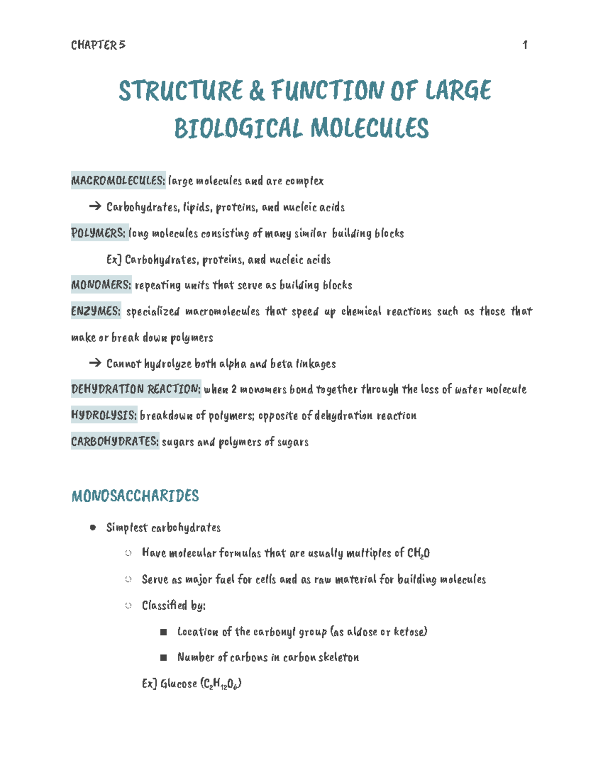 Chapter 5 Notes - Structure and Function of Large Biological Molecules ...