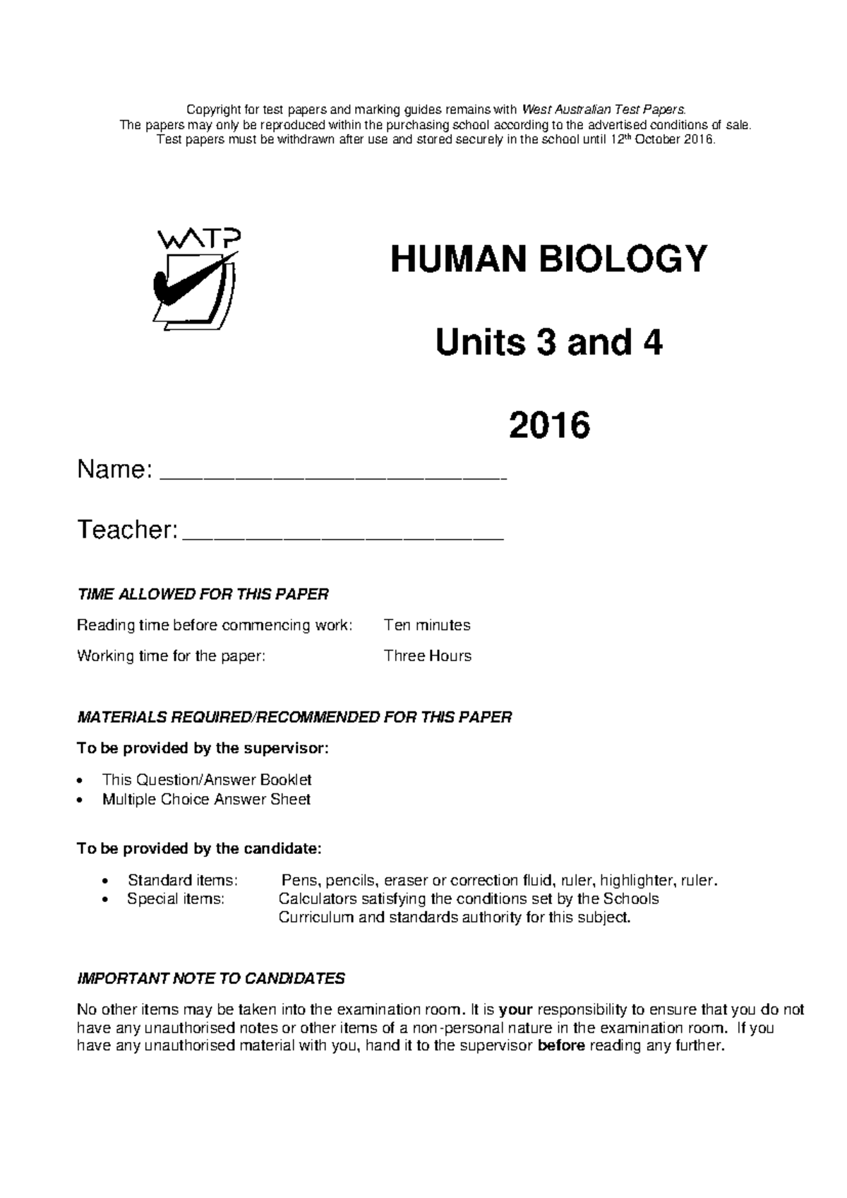 2016 Human Biology Units 3 and 4 - Copyright for test papers and ...
