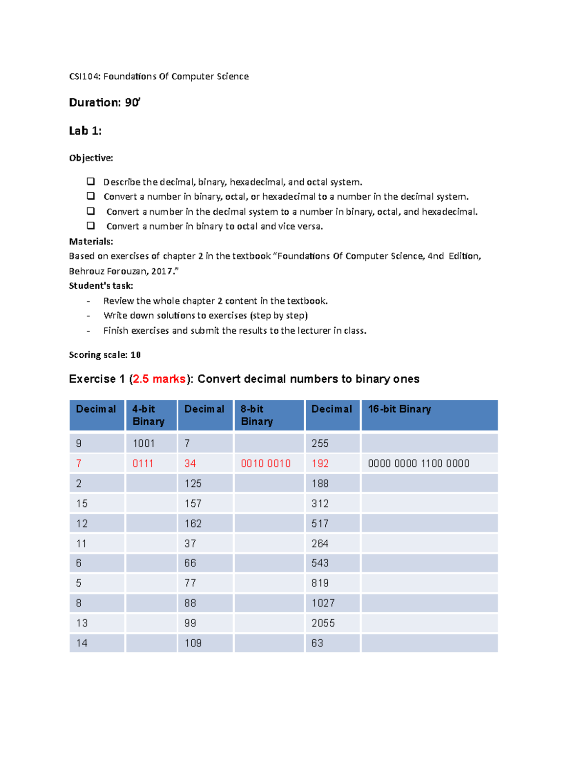 Lab 01 - aaa - CSI104: Foundations Of Computer Science Duration: 90 ...